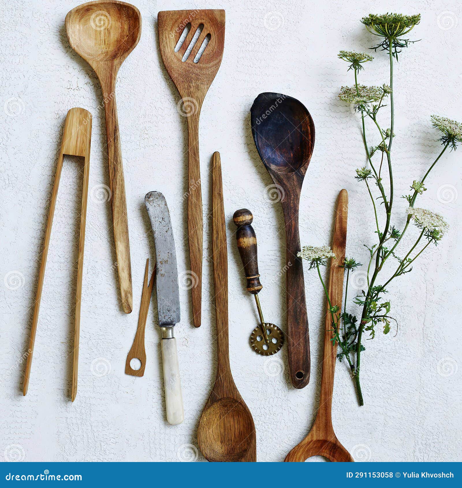 Wooden Handmade Utensils on the Table, Top View. Stock Photo - Image of ...