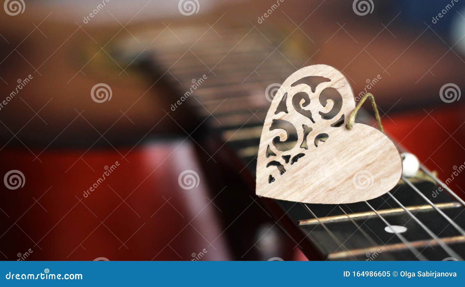 Wooden Heart on the Strings of the Guitar Stock Image - Image of happy ...