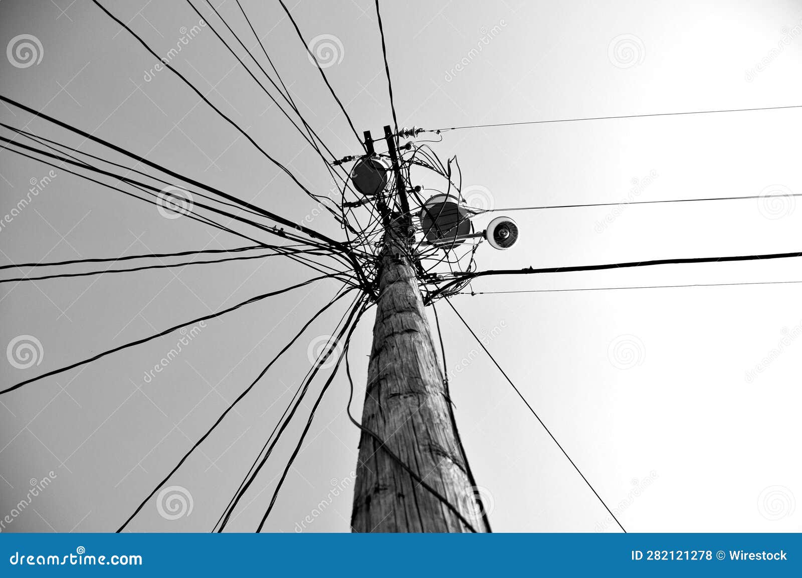Wooden High-voltage Power Line Pole in Grayscale Stock Photo - Image of ...