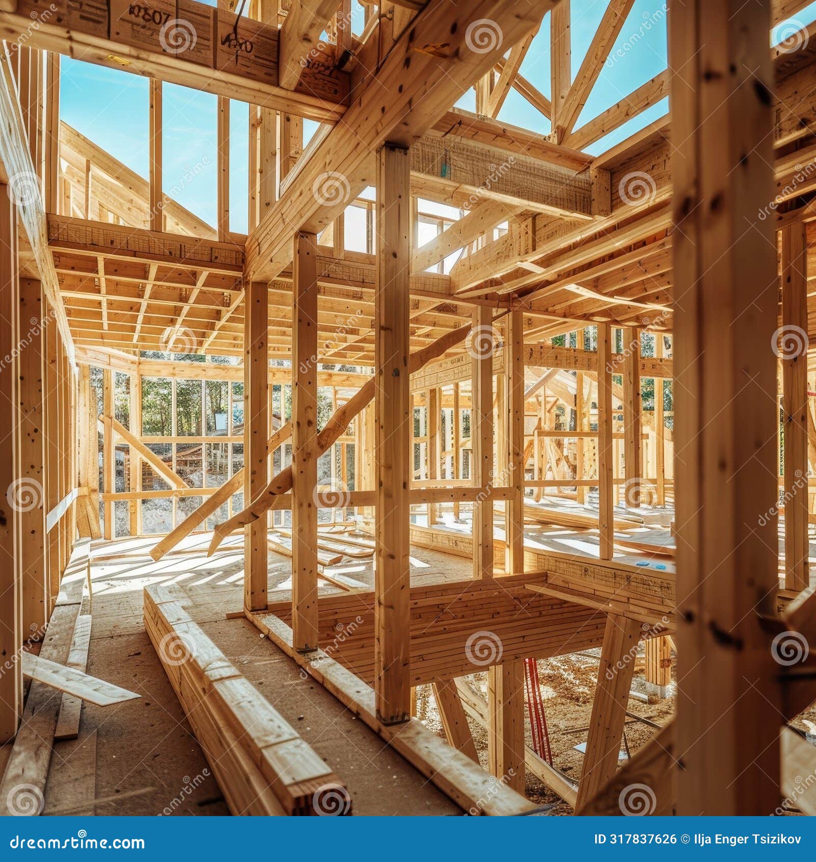 Wooden House Construction Building Frame in Progress with Timber ...