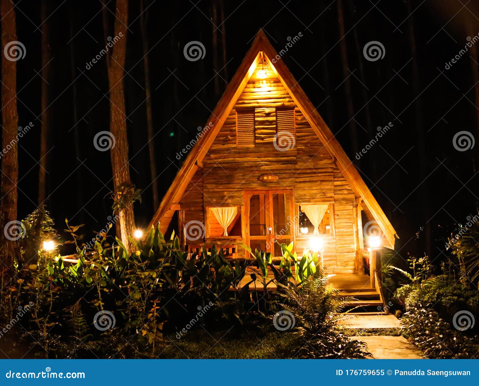 A Wooden House in the Forest at Night Stock Image - Image of building ...