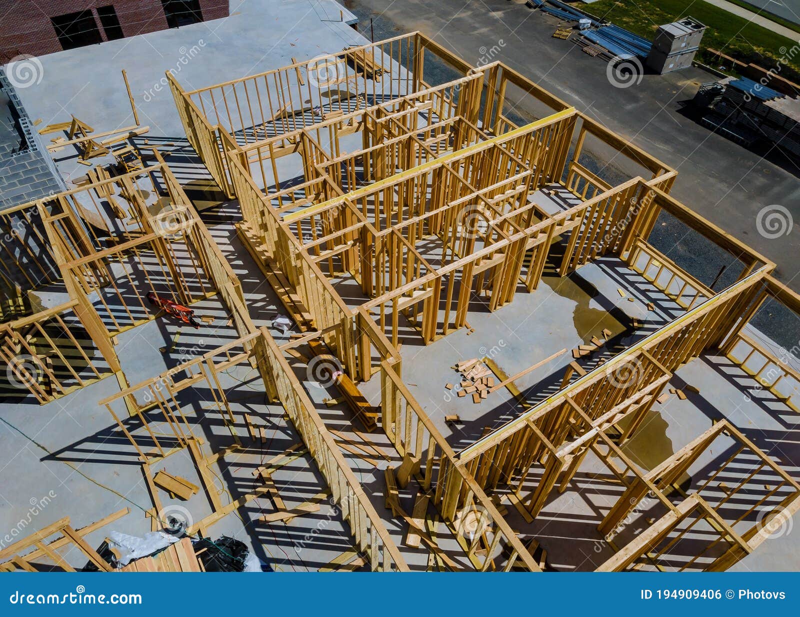 Wooden House Frame Structure on a New Development Stock Photo - Image ...