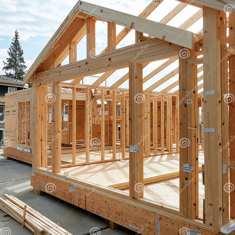 Wooden House Framework Being Assembled at the Construction Site during ...