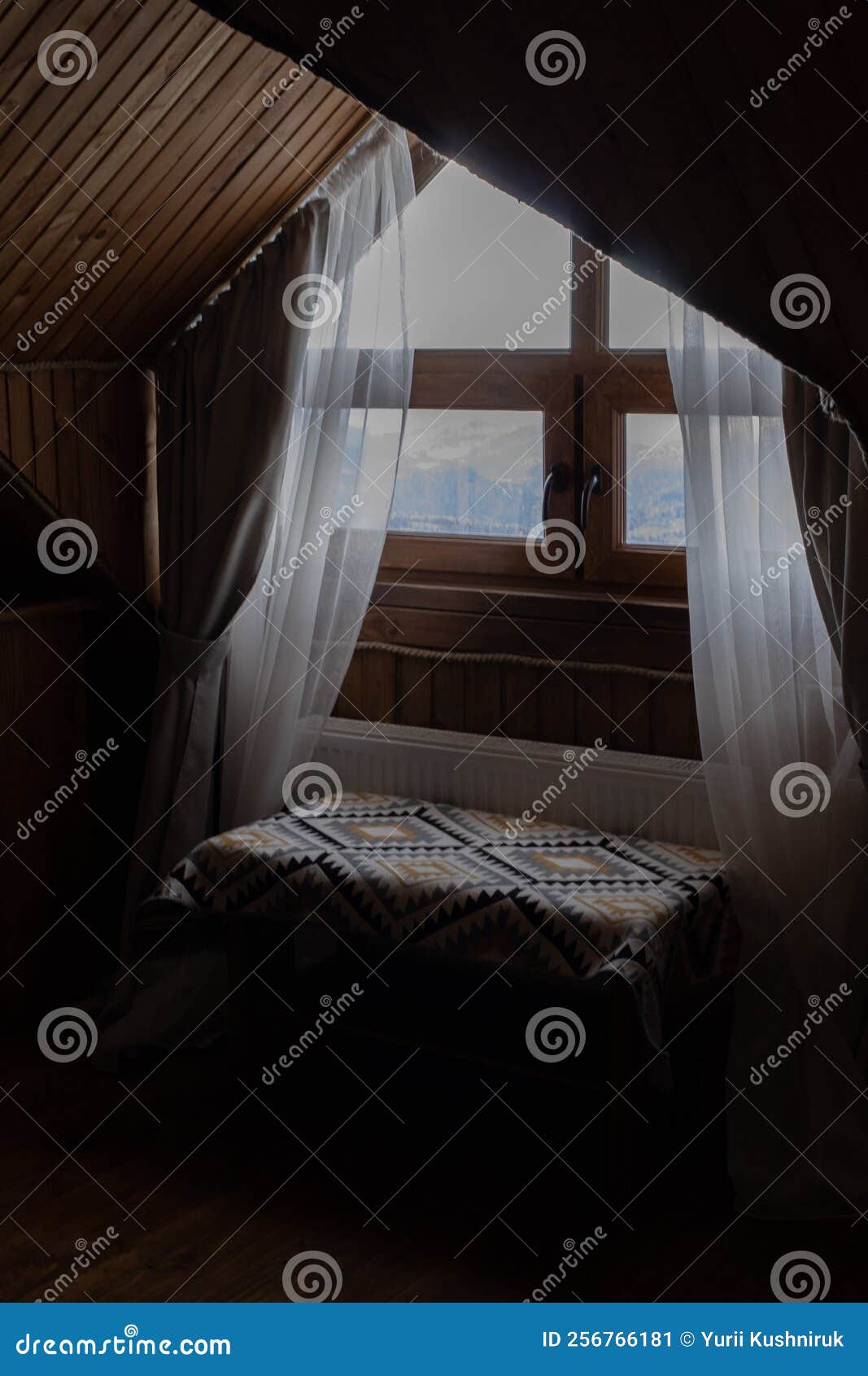 Wooden House Inside with Big Windows. Beautiful View on Mountains Stock ...
