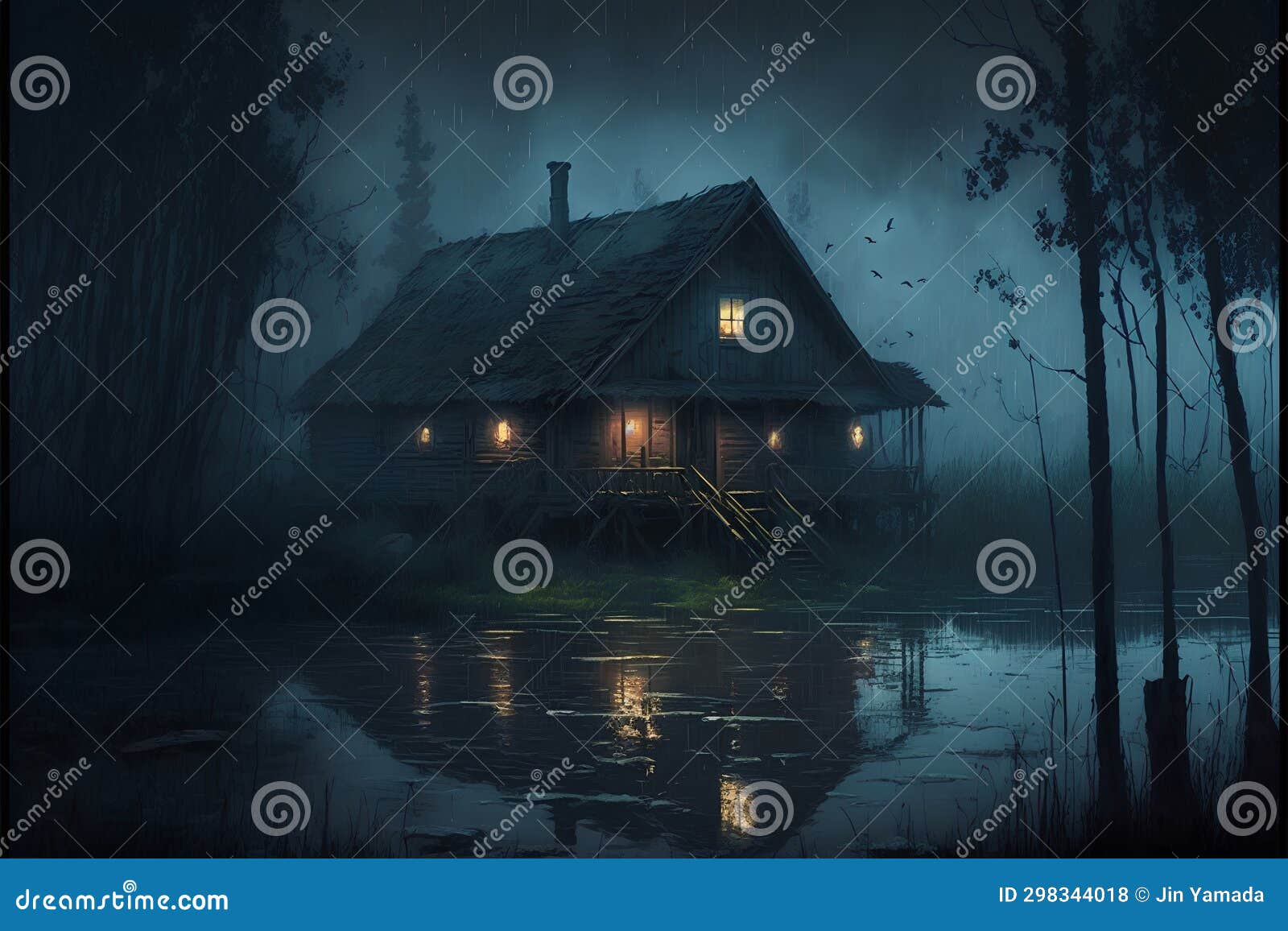 Wooden House in a Misty Forest at Night, 3d Render Stock Illustration ...