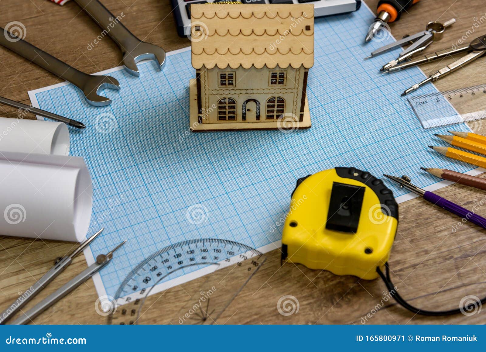 Wooden House Model on Millimeter Paper with Different Tools Stock Image ...