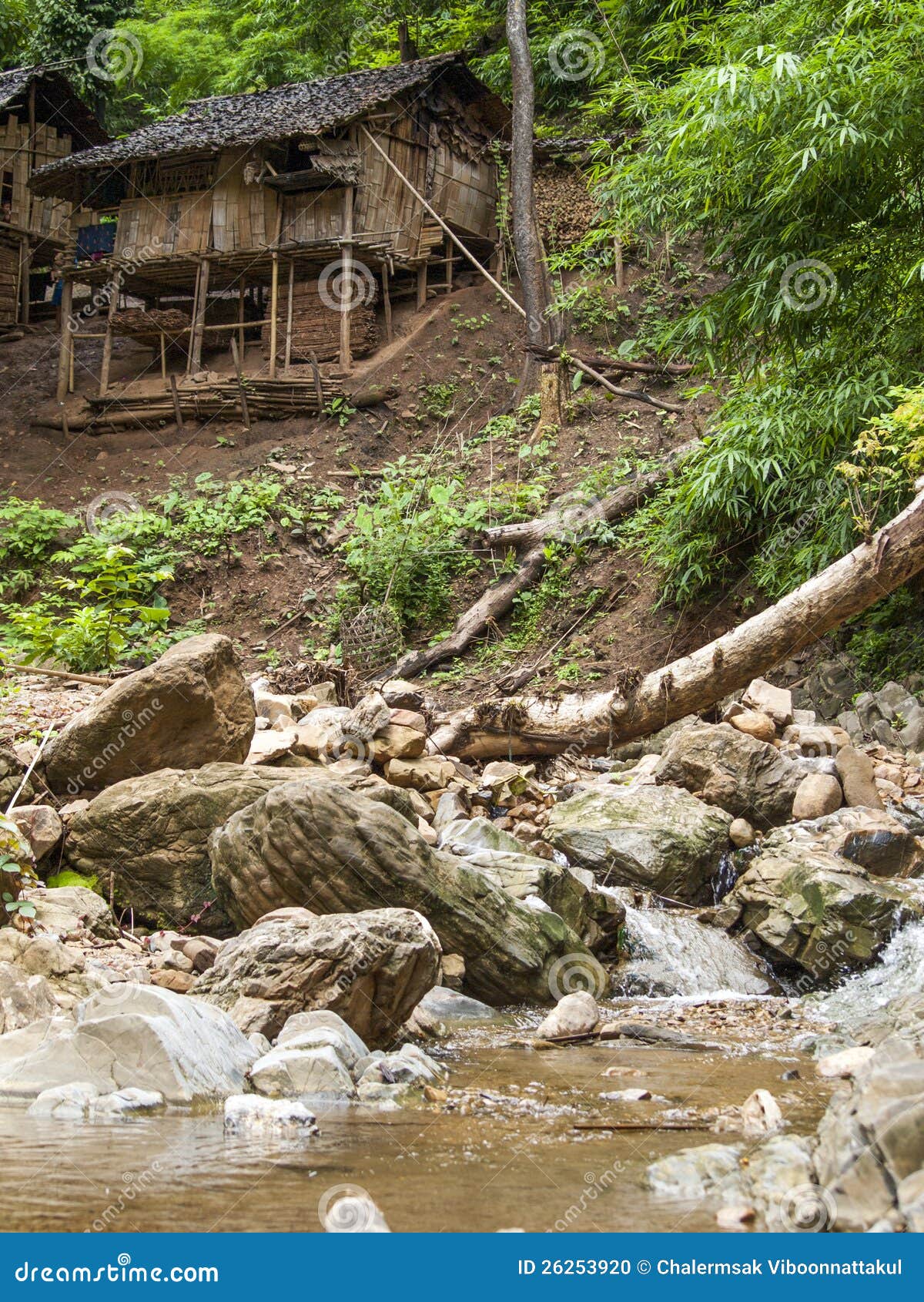 Wooden House Near Small Waterfall Stock Photo - Image of house ...