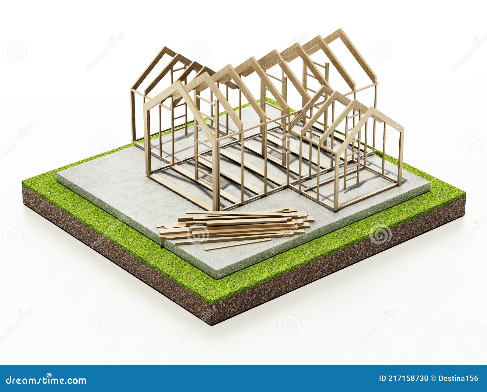 Wooden House Structure on Concrete Base. 3D Illustration Stock ...