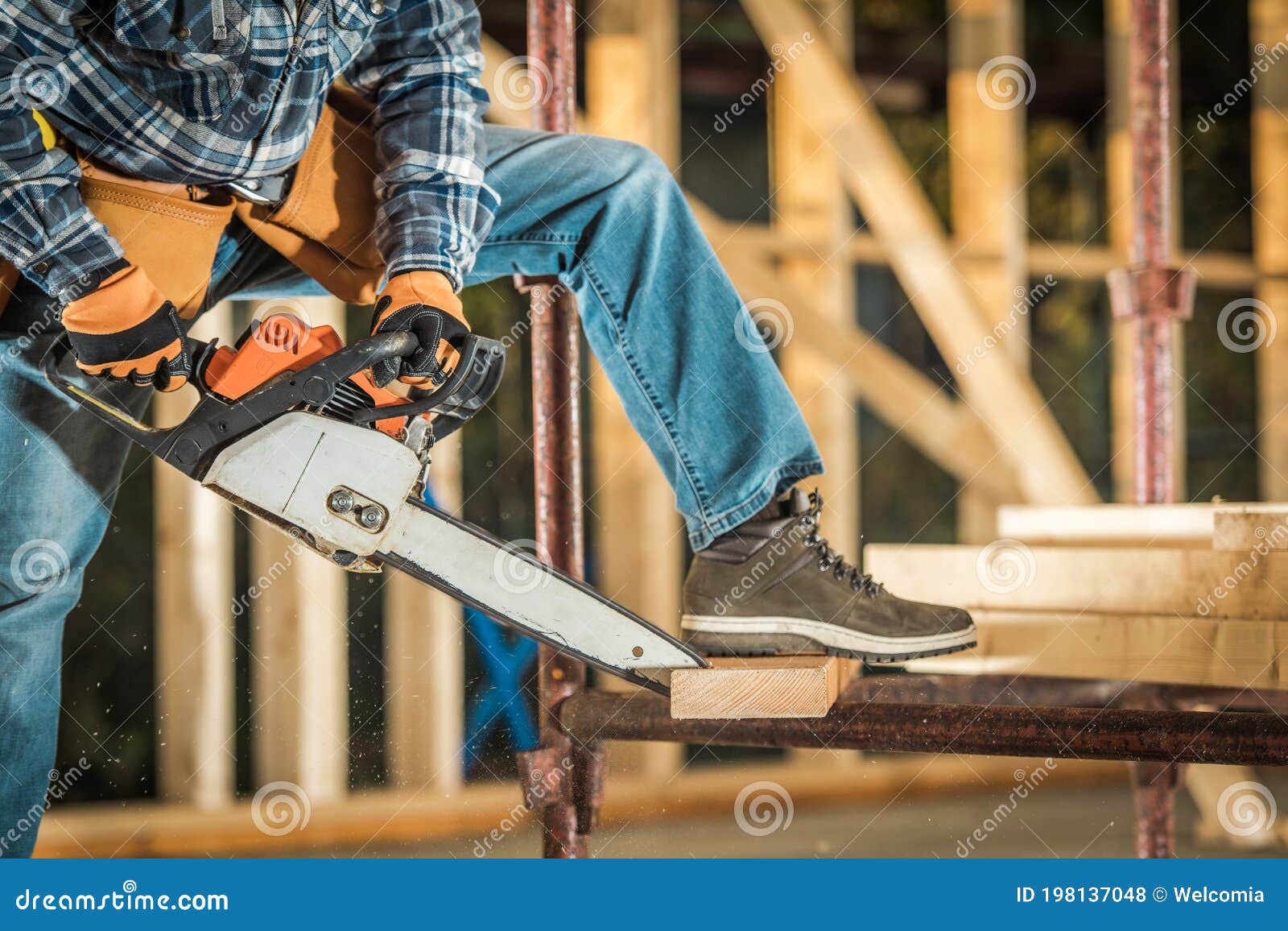 Wooden House Structure Construction Site Power Tools Stock Photo ...