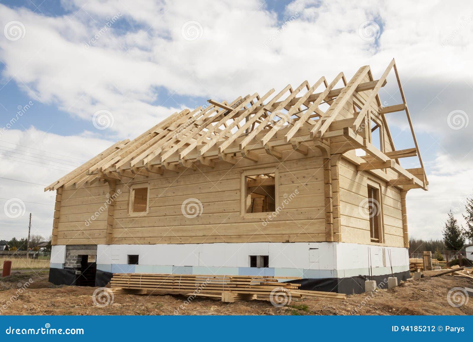 Wooden House Under Construction. Stock Photo - Image of beam ...