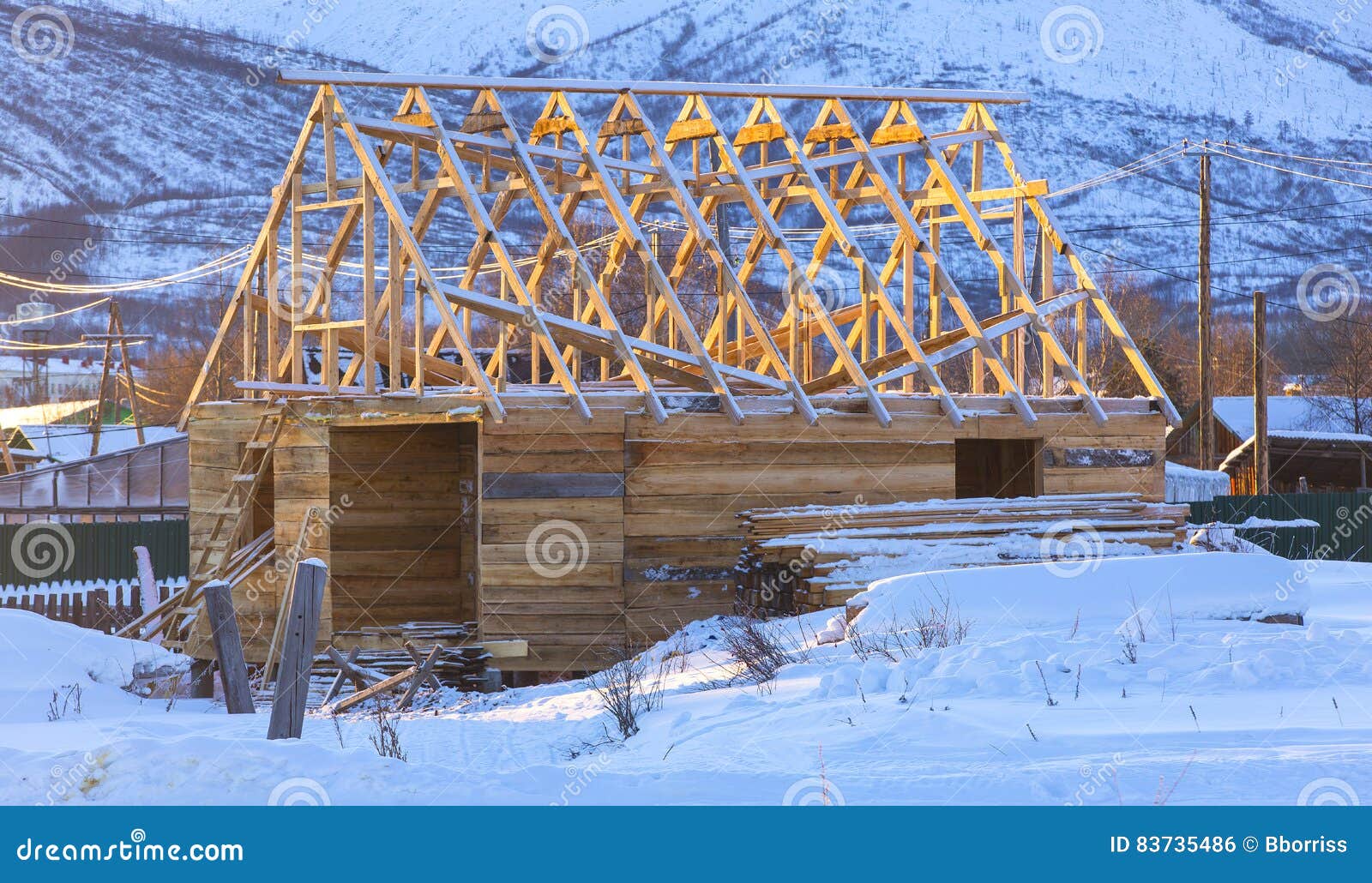 Wooden House Under Construction in Winter Stock Photo - Image of rural ...