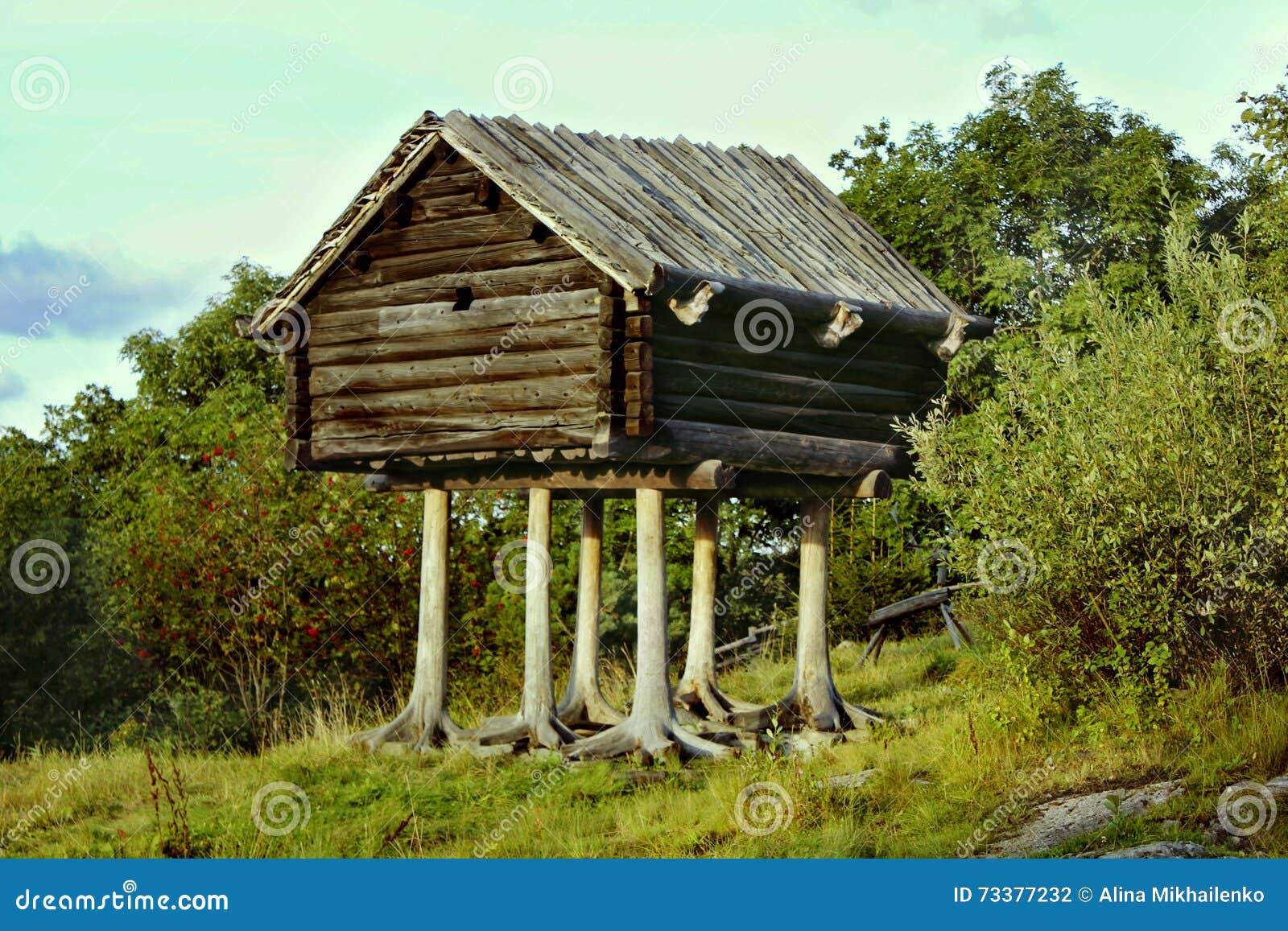 Wooden hut on legs stock photo. Image of historical, swedish - 73377232