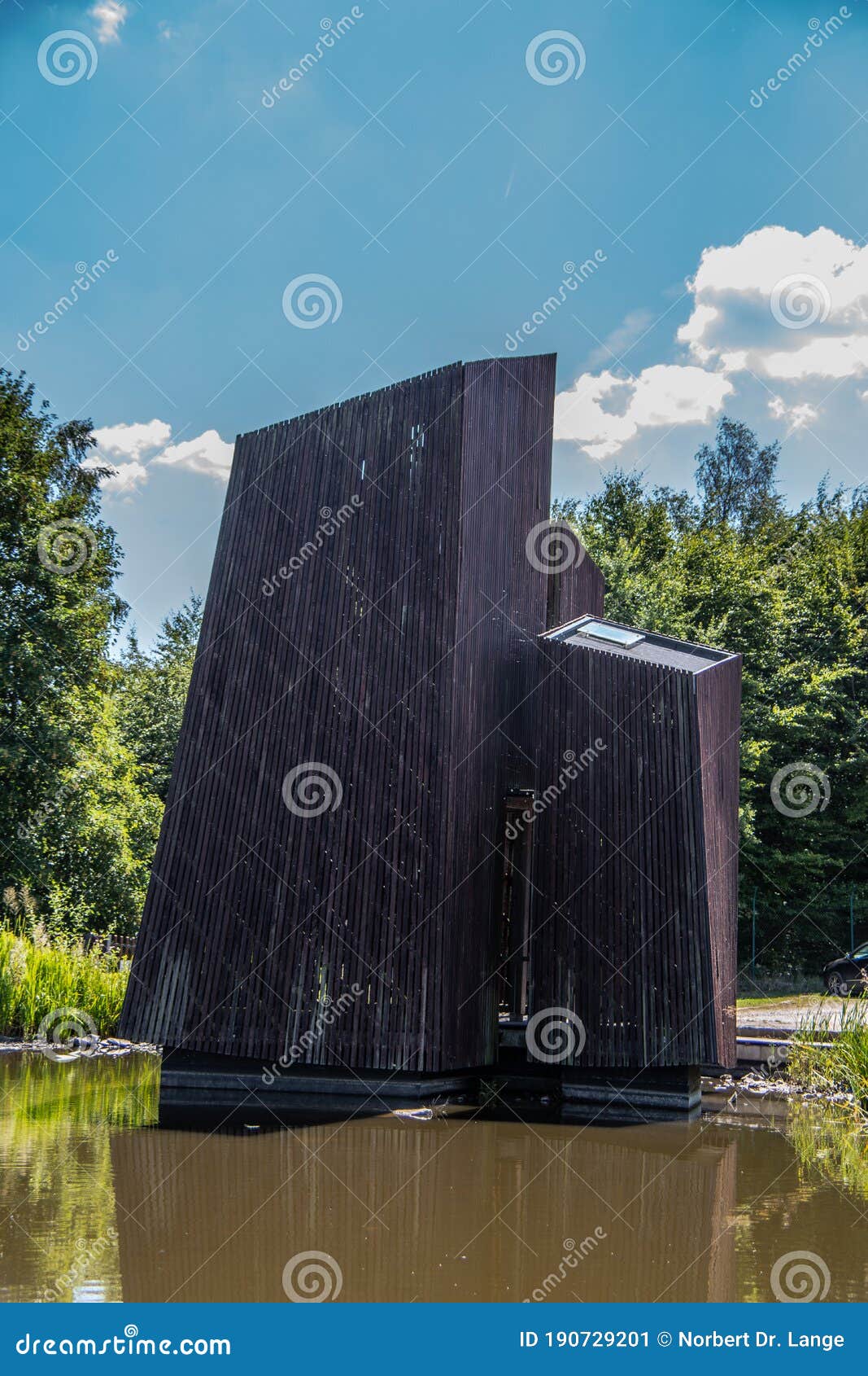 Wooden hut on summer pond stock image. Image of embankment - 190729201