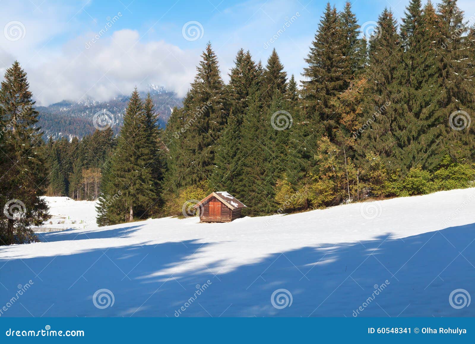 Wooden Hut in Winter Alpine Forest Stock Image - Image of bavarian ...
