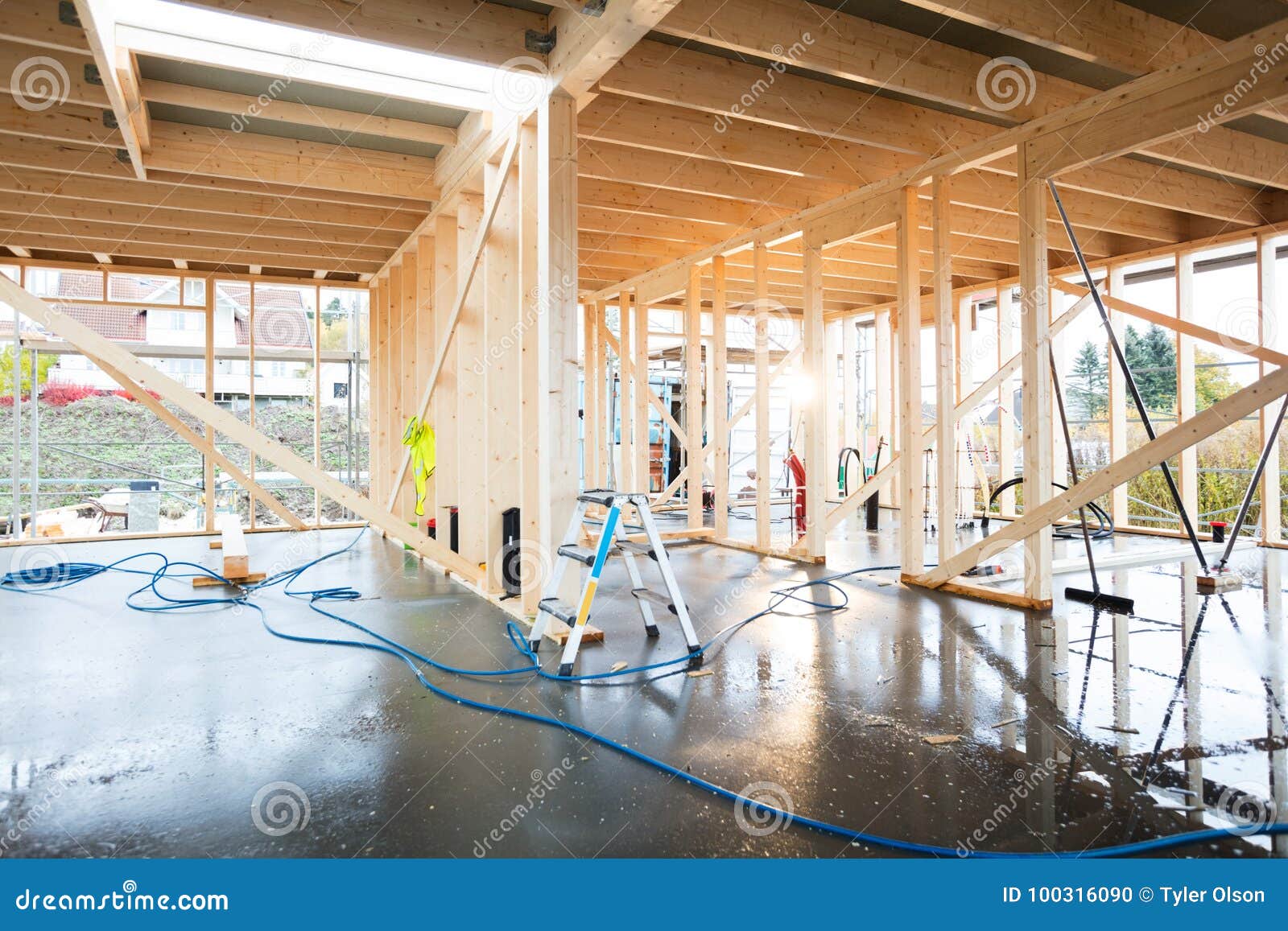 Wooden Incomplete Building with Wet Floor Stock Photo - Image of ...
