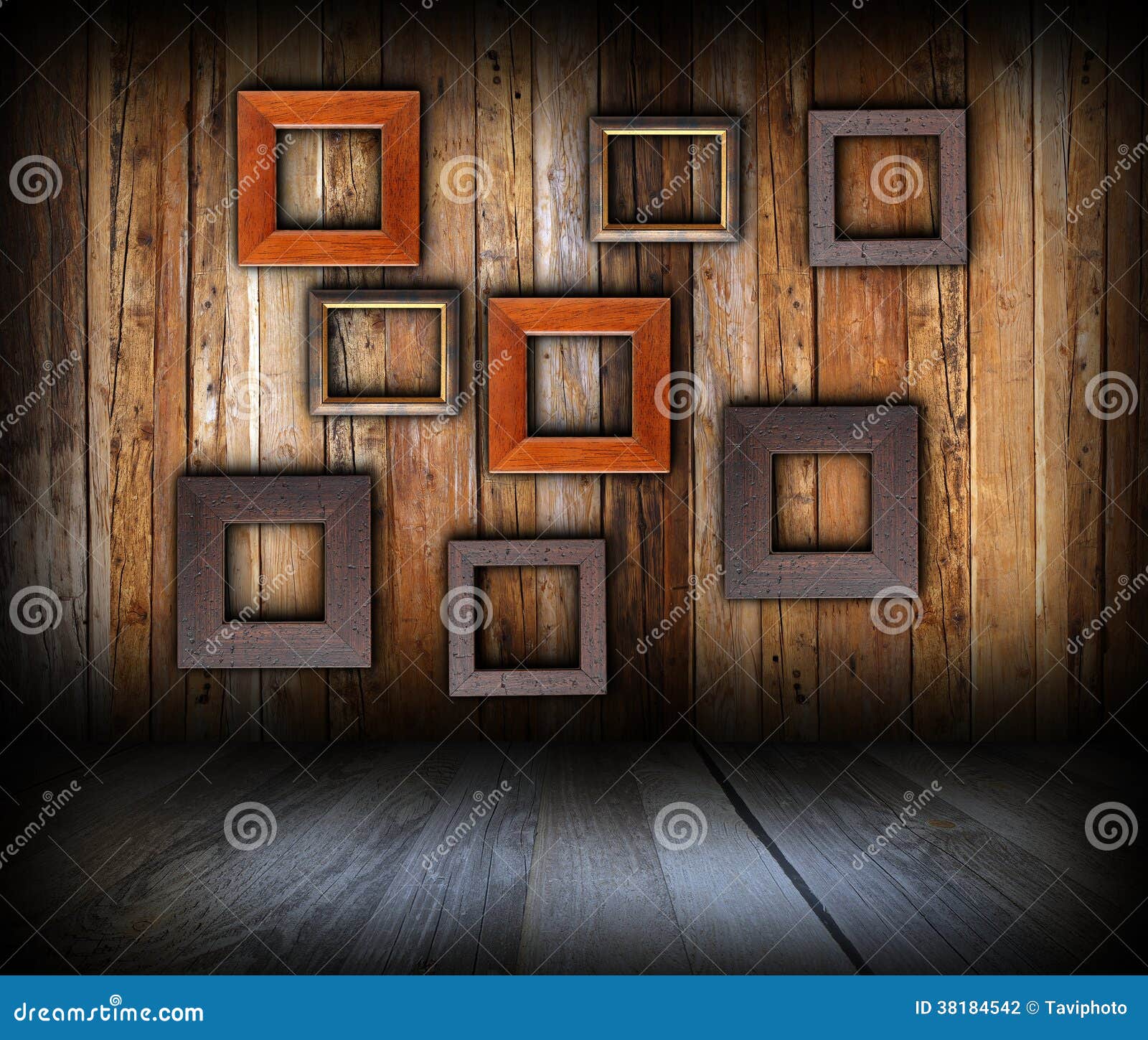 Wooden Interior Background with Frames Stock Photo - Image of gold ...