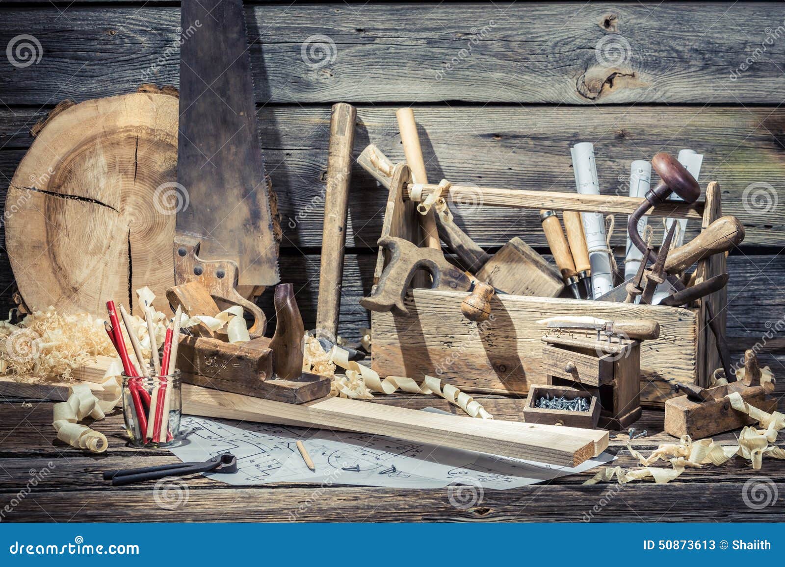 Wooden Joinery Box with Tools Stock Image - Image of equipment, measure ...