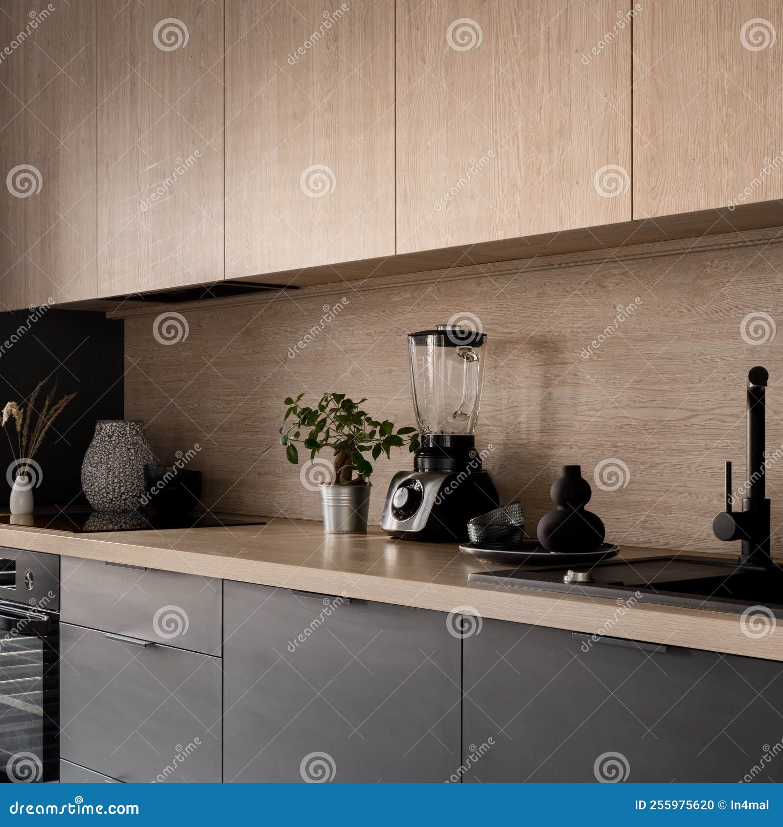 Wooden Kitchen Countertop with Decorations, Close-up Stock Photo ...