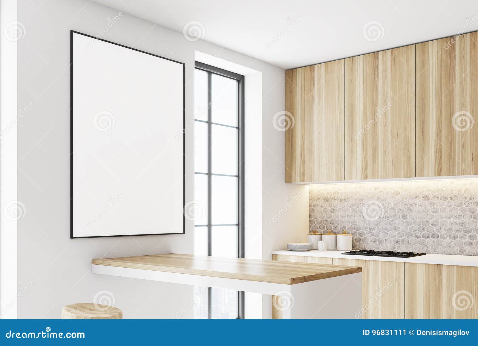 Wooden Kitchen with Countertops, Side Stock Illustration - Illustration ...