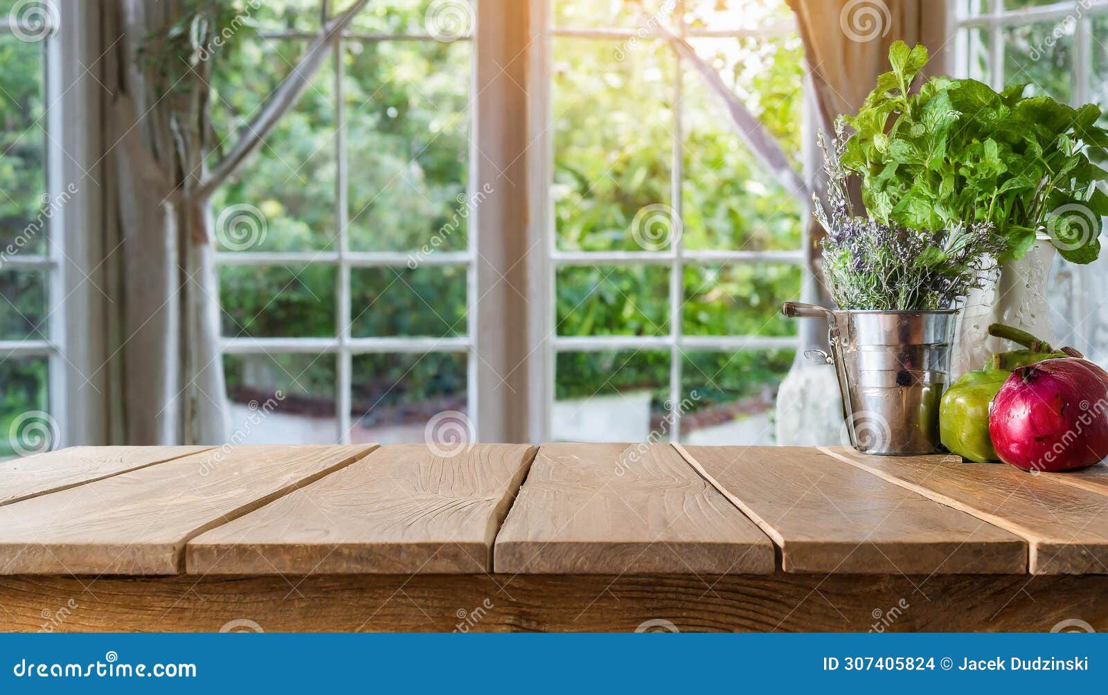 Wooden Kitchen Table with Background of Window for Product Display ...