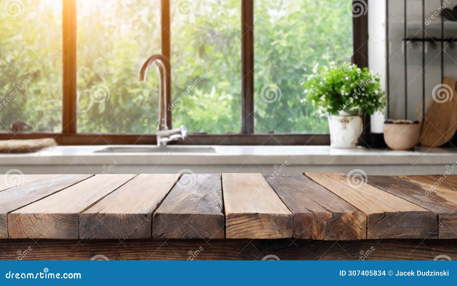 Wooden Kitchen Table with Background of Window for Product Display ...