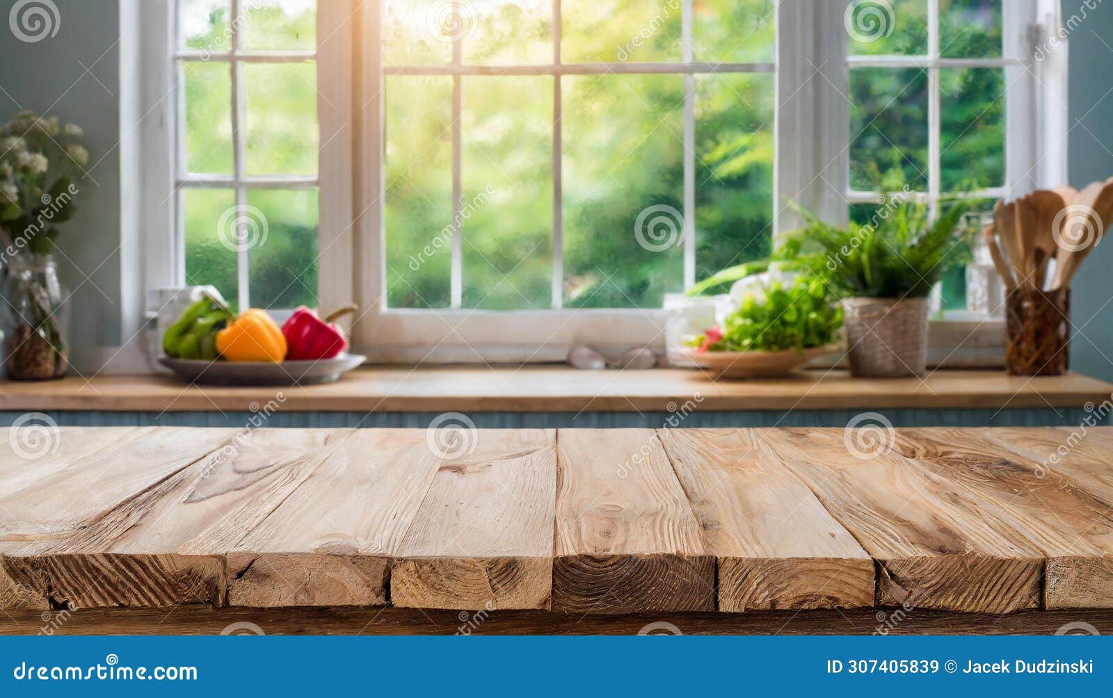 Wooden Kitchen Table with Background of Window for Product Display ...