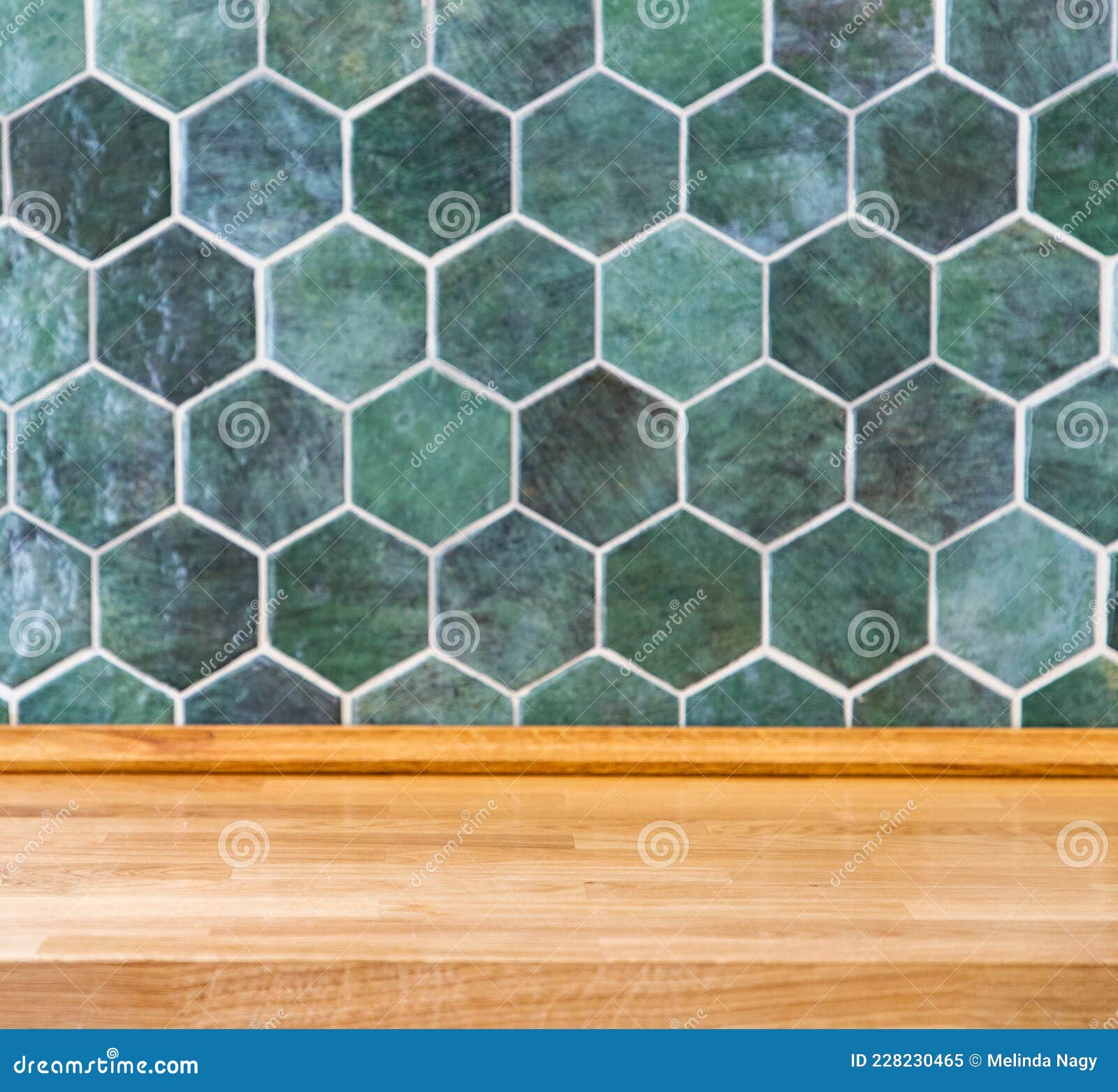 Wooden Kitchen Tabletop and Vintage Green Tile Stock Image - Image of ...