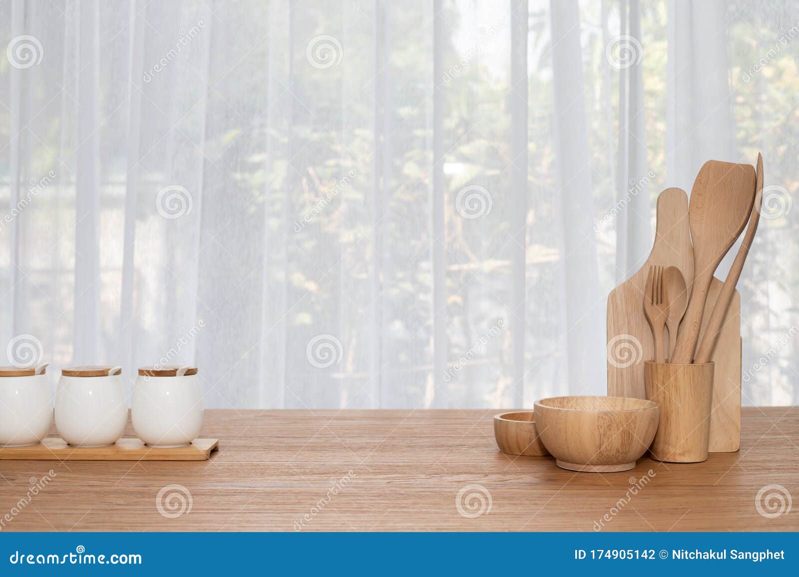 Wooden Kitchenware on Kitchen Table Stock Photo - Image of decoration ...