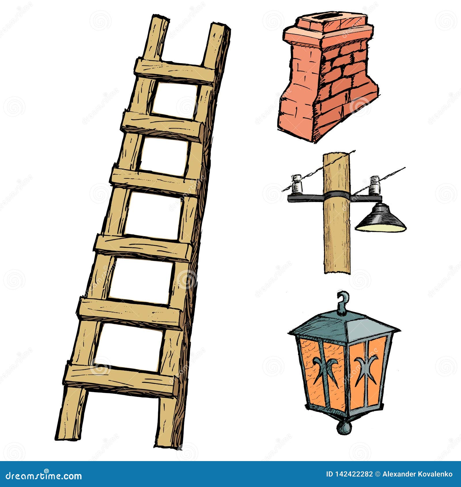 Wooden Ladder with Different Vintage Objects Stock Vector ...