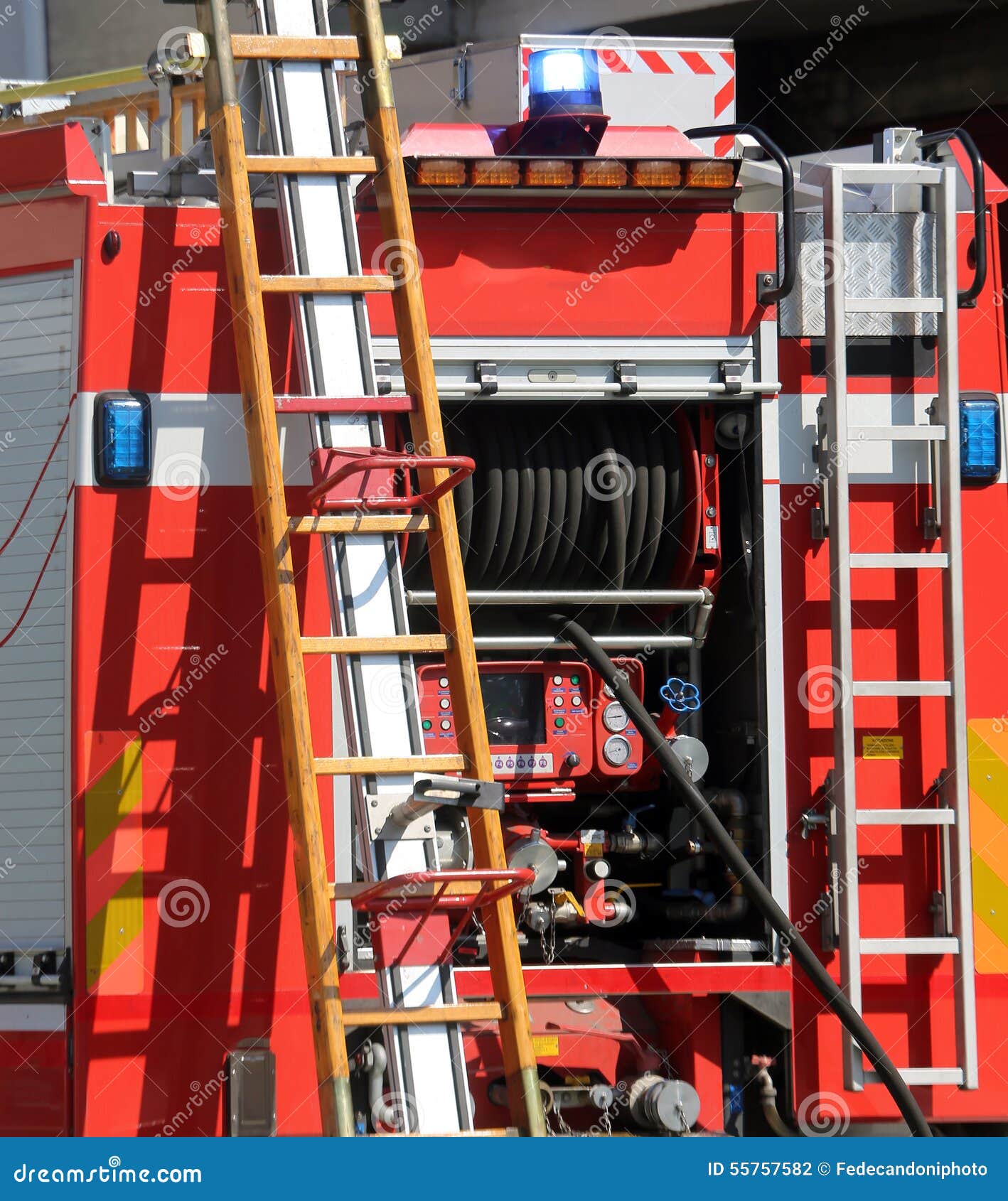 Wooden Ladder in the Firetruck Stock Photo - Image of fighter, fireman ...