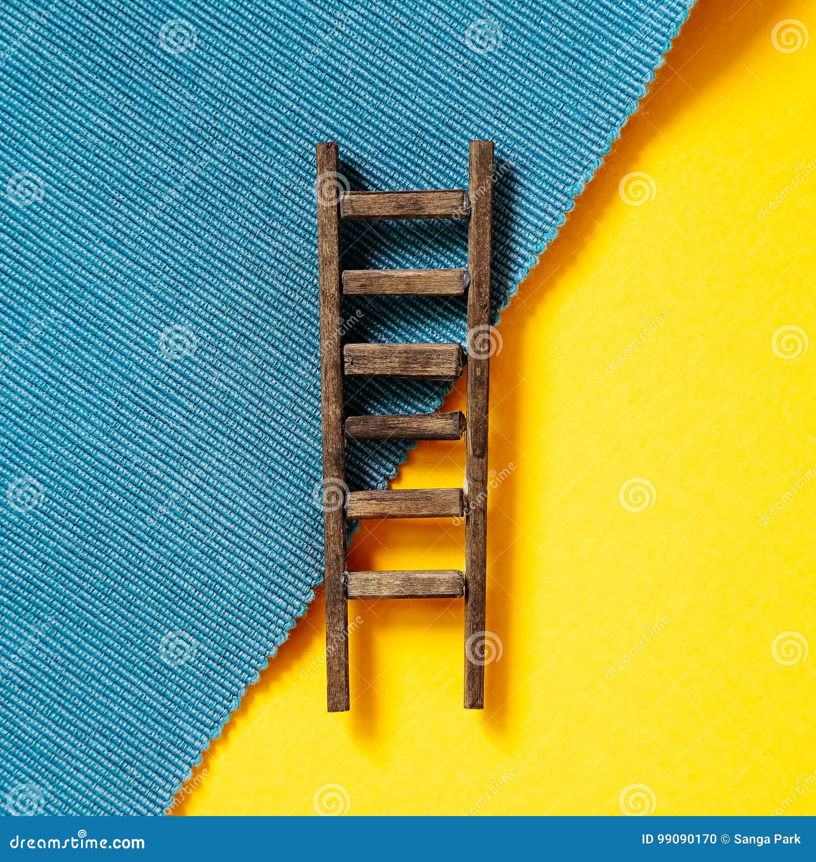 Wooden Ladder on Yellow and Blue Background Stock Photo - Image of ...