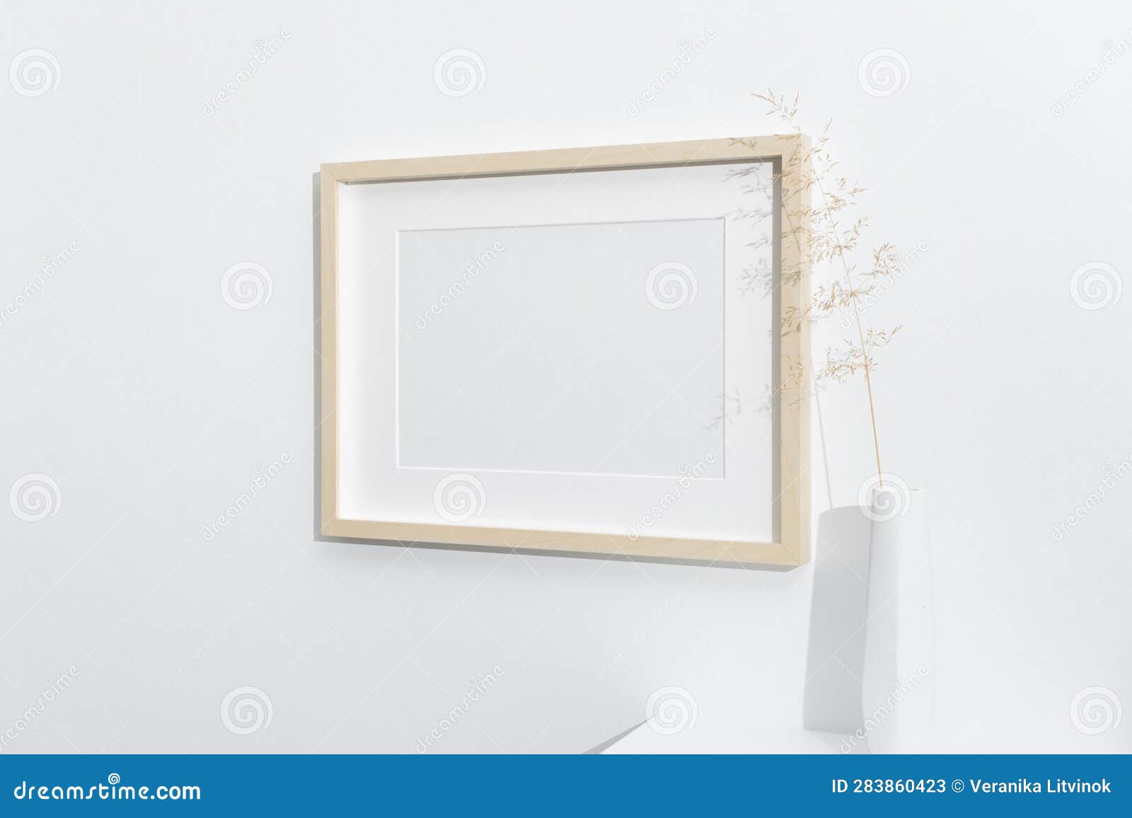 Wooden Landscape Frame Mockup on White Wall with Copy Space for Artwork ...