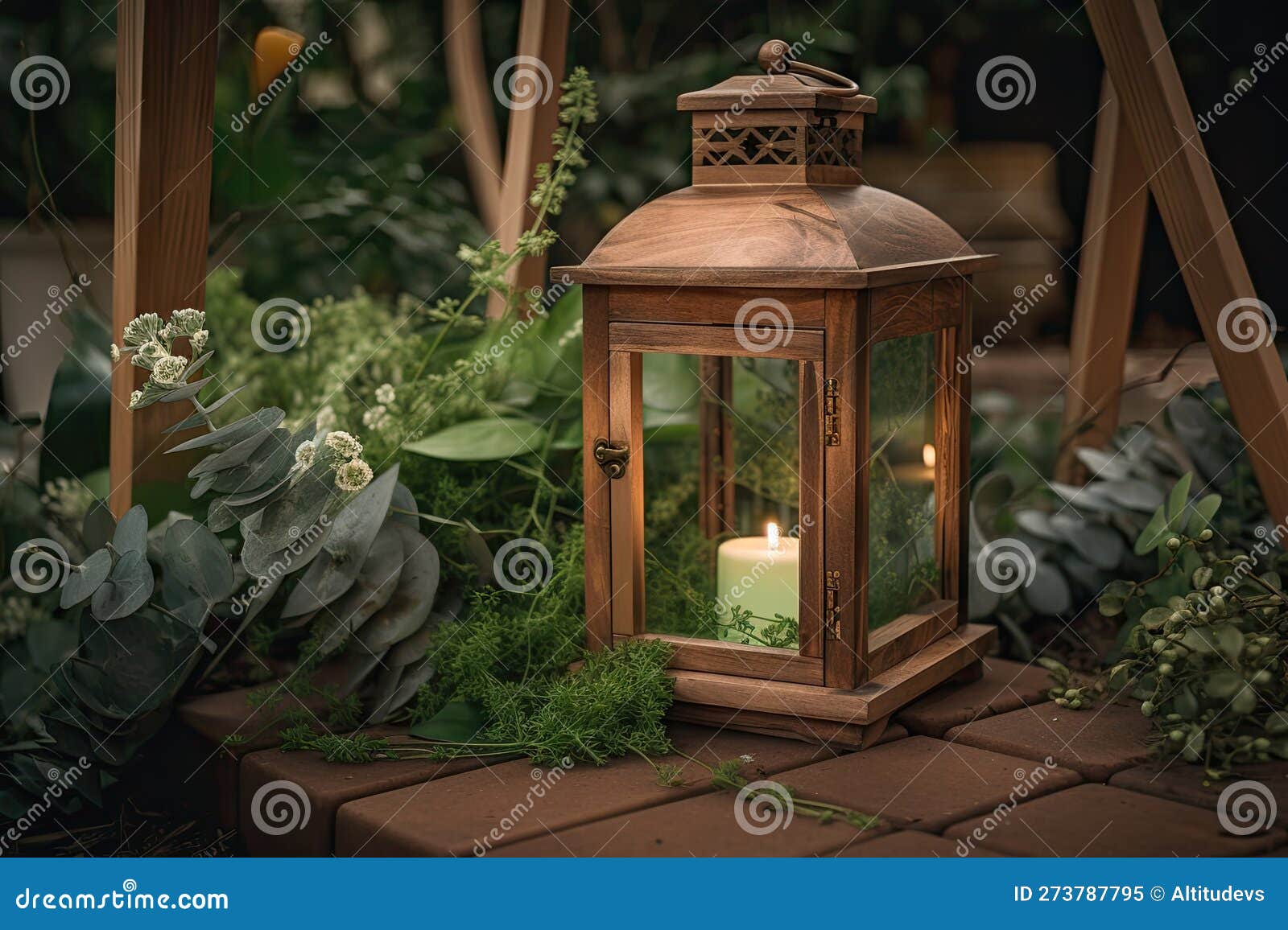 Wooden Lantern with Tea Light and Greenery for Tranquil Garden Setting ...