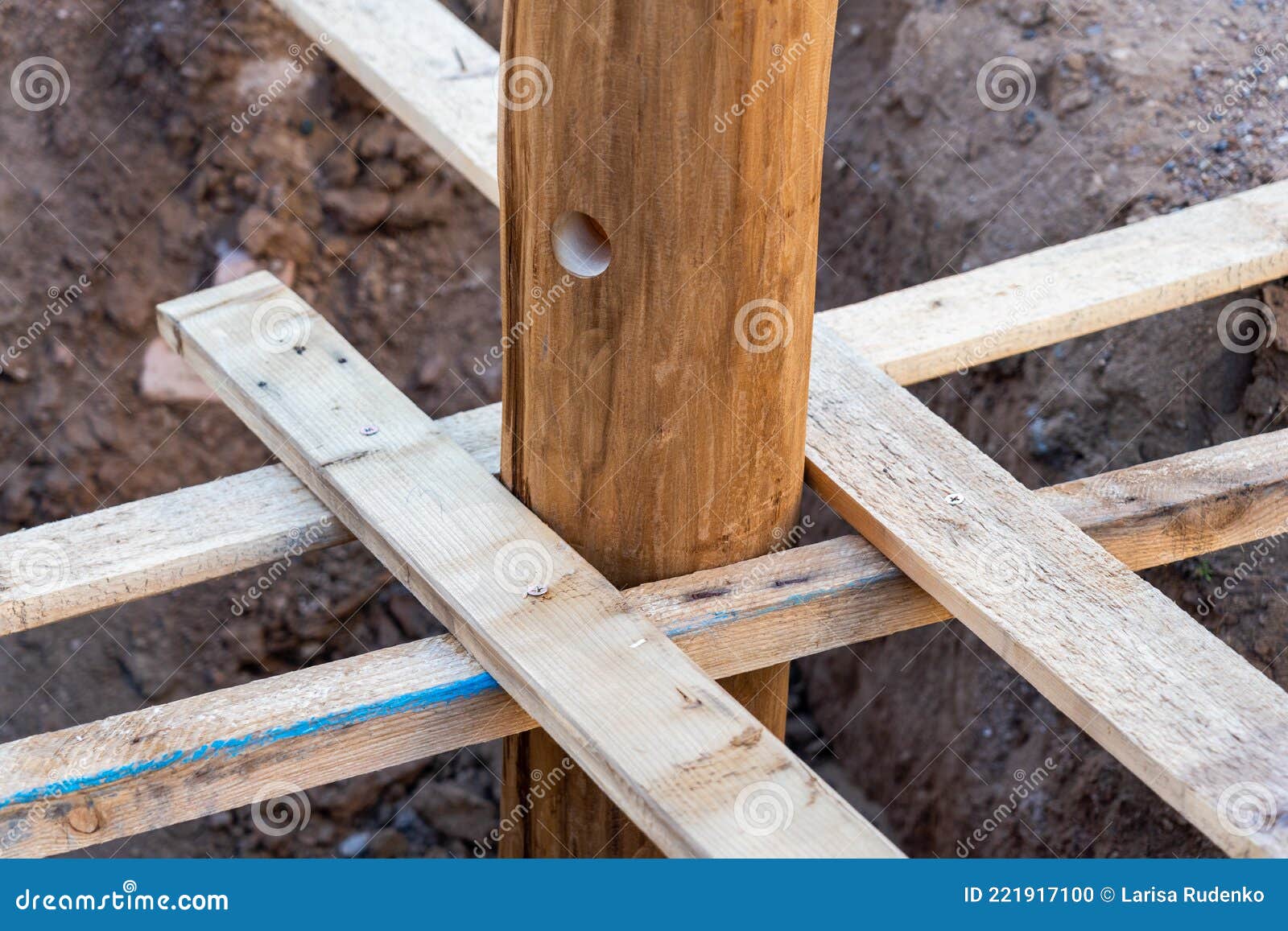 A Wooden Log Fixed with Struts in a Pit, before Pouring Concrete Stock ...