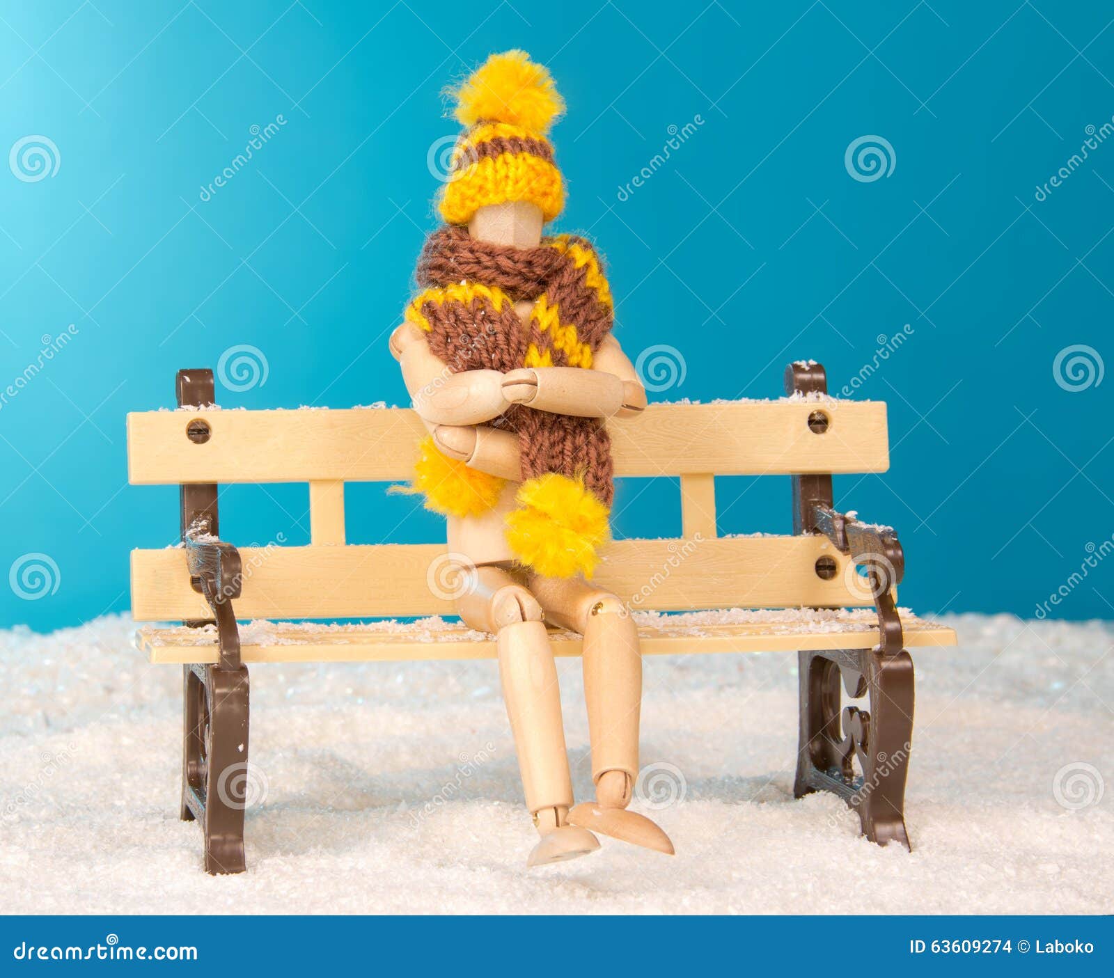 The Wooden Man Figure on Bench in the Freezing Stock Photo - Image of ...