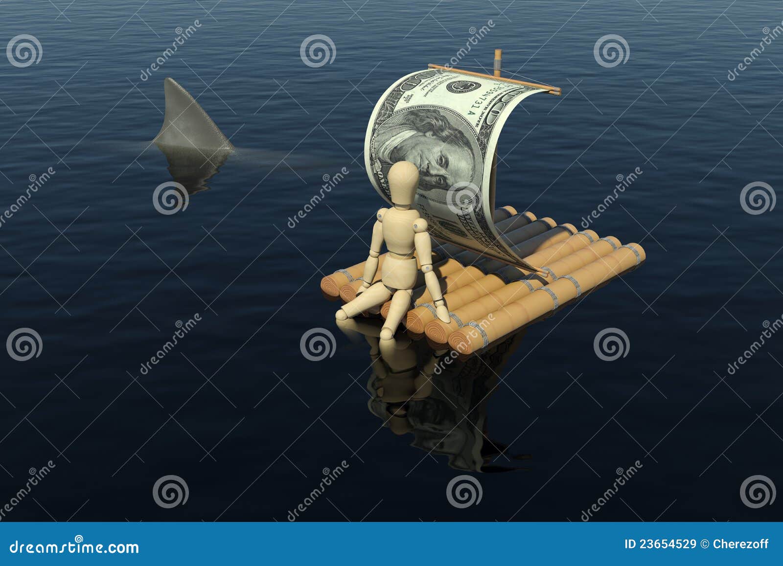 The Wooden Man Floats on a Raft with a Sail from T Stock Illustration ...