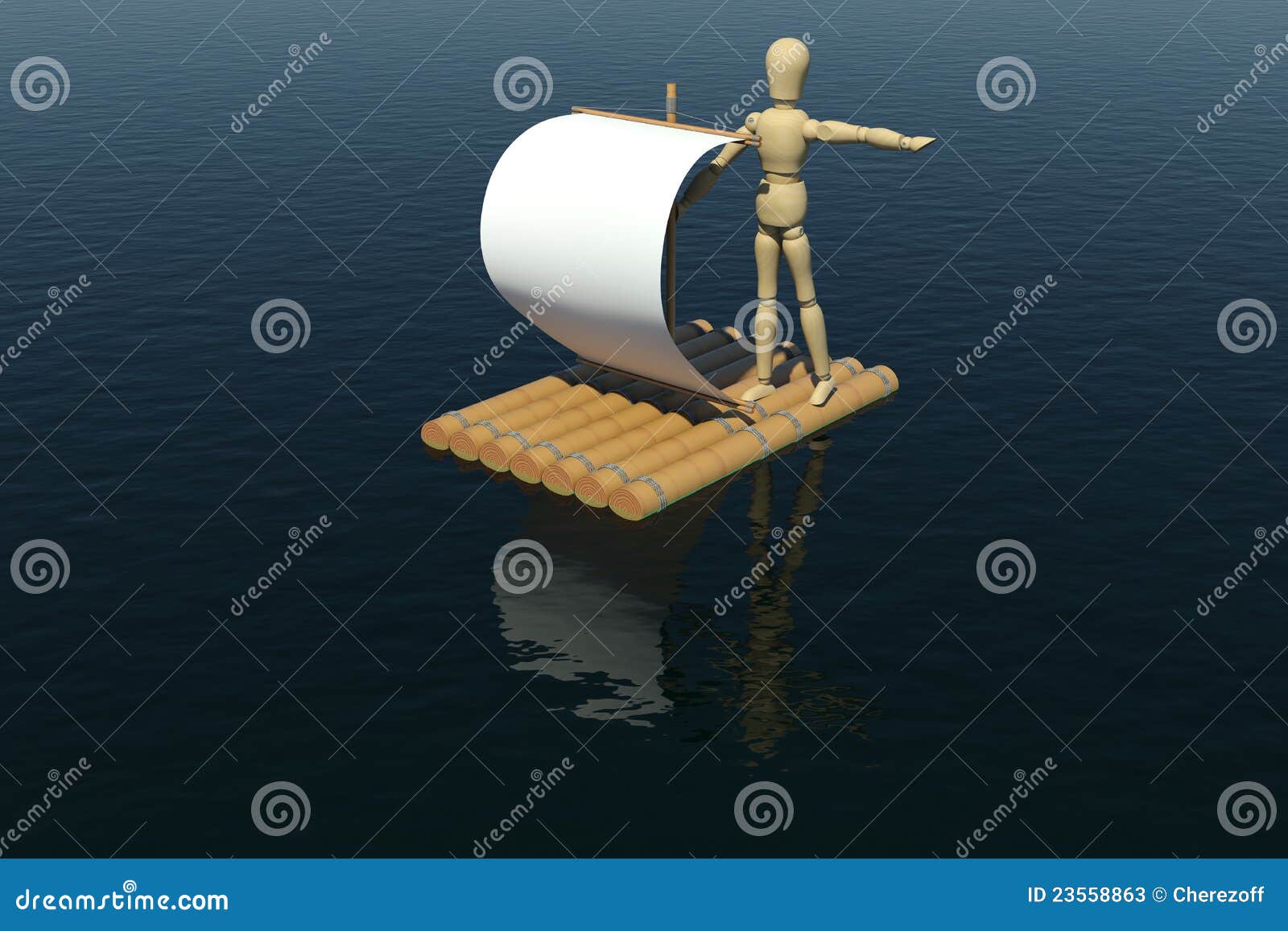 The Wooden Man Floats on a Raft with a White Sail Stock Illustration ...