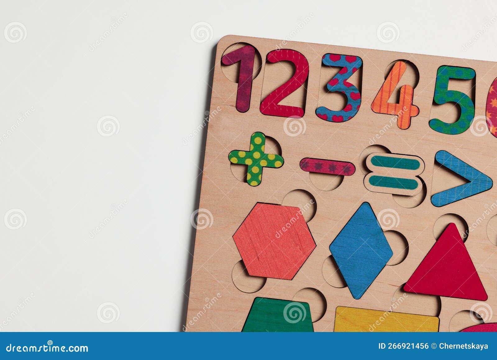 Wooden Math Game Kit for Children on White Table, Top View. Space for ...