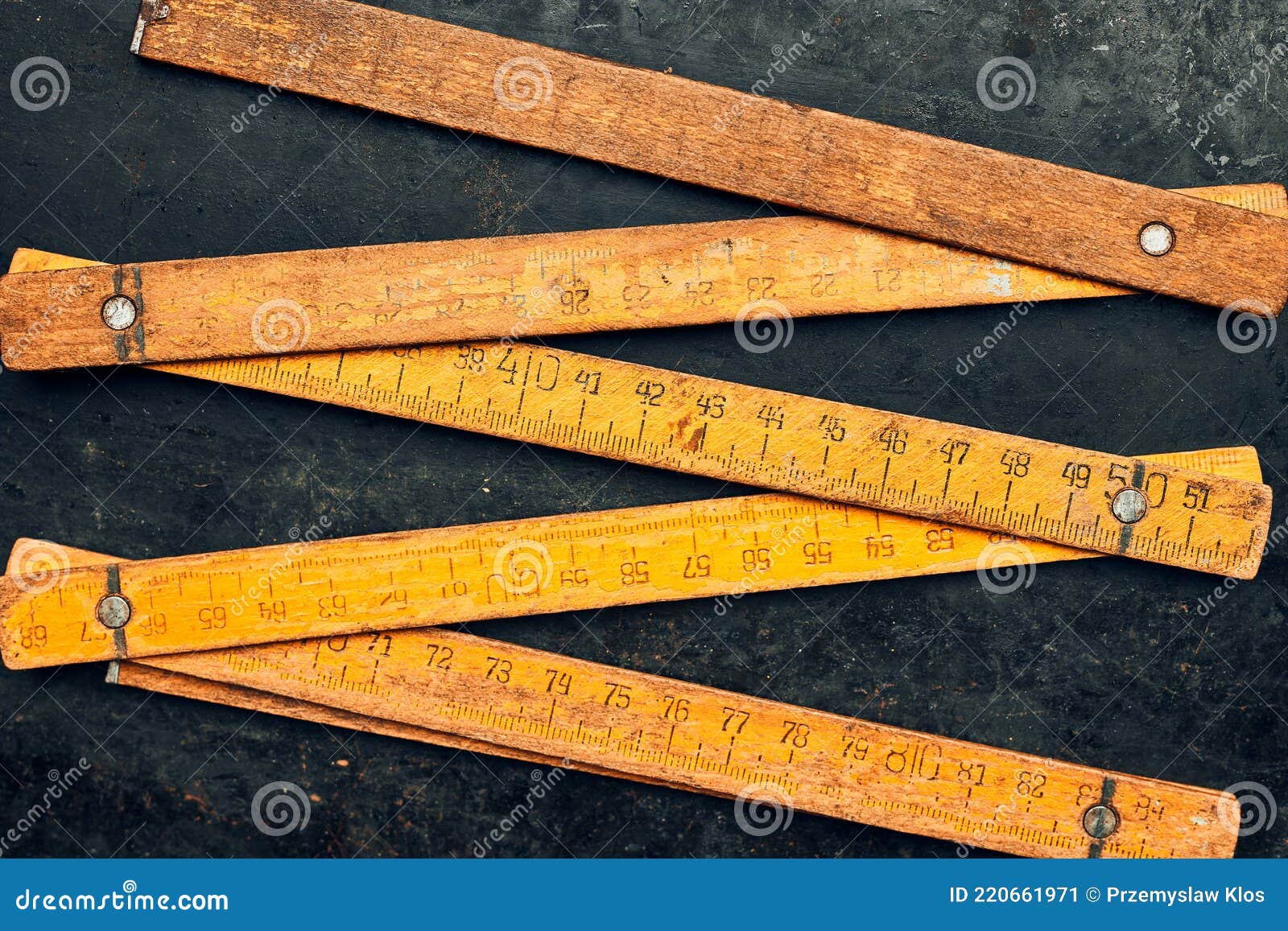 Wooden Measure. Old Ruler on Metal Surface. Measuring Tool Stock Image ...