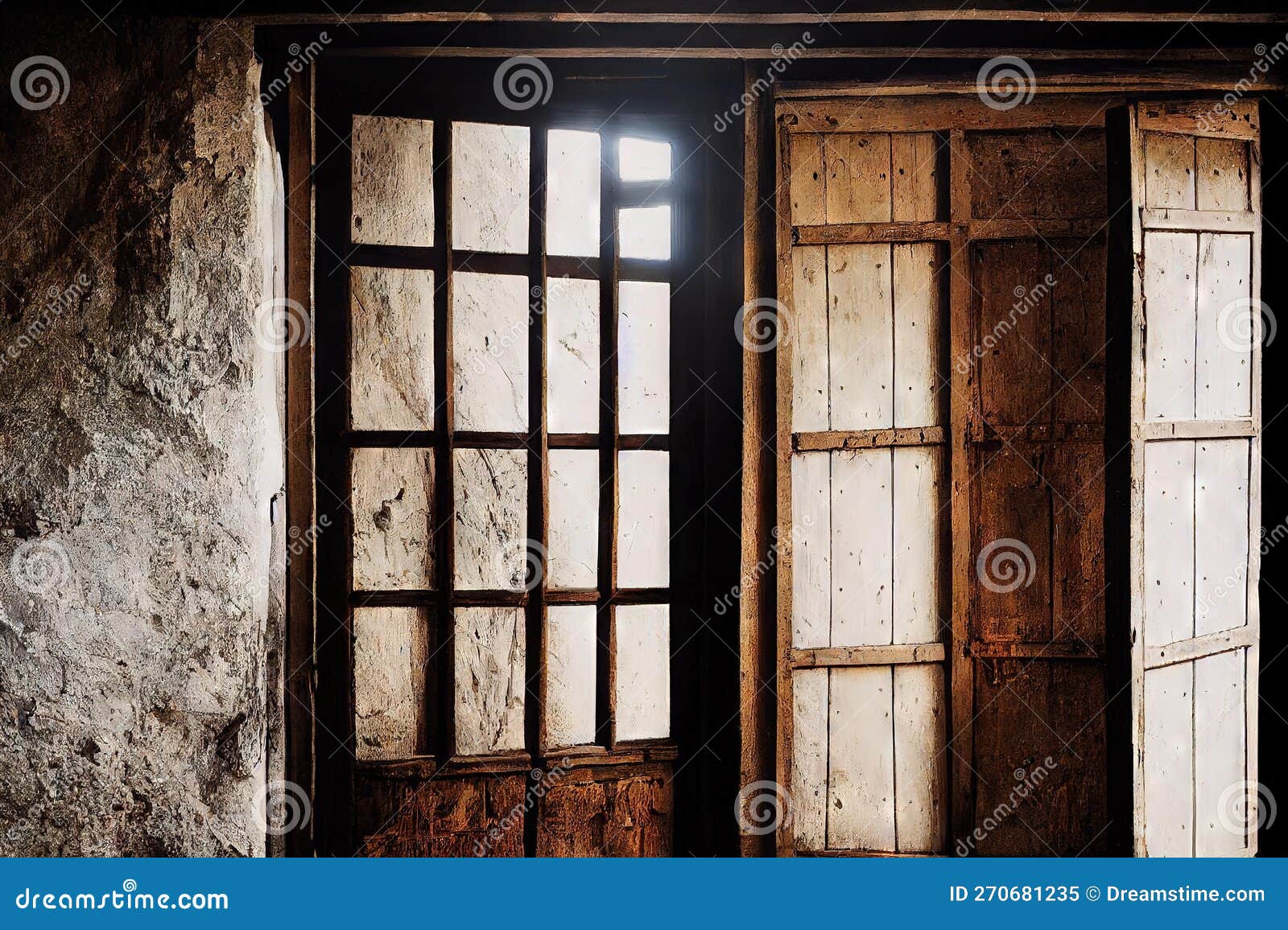 Wooden Medieval Door with Rectangular Windows in Stone Wall. Stock ...