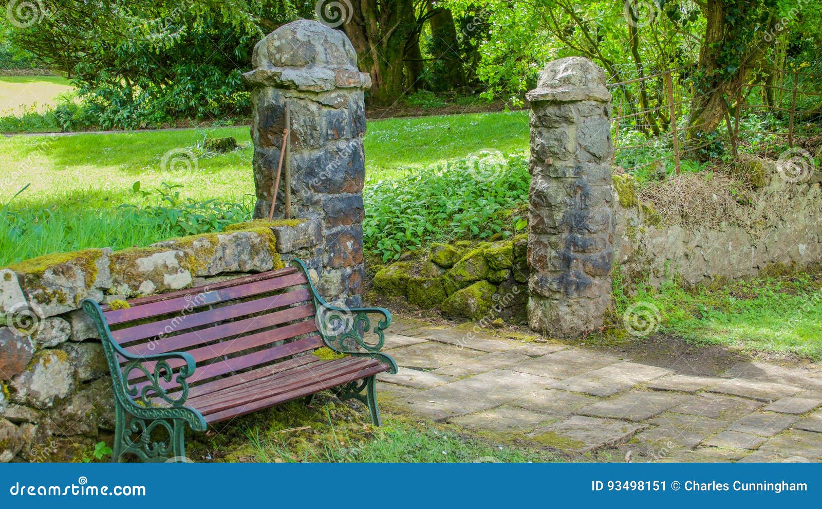 Wooden and Metal Bench beside Gate Posts. Stock Image - Image of trees ...