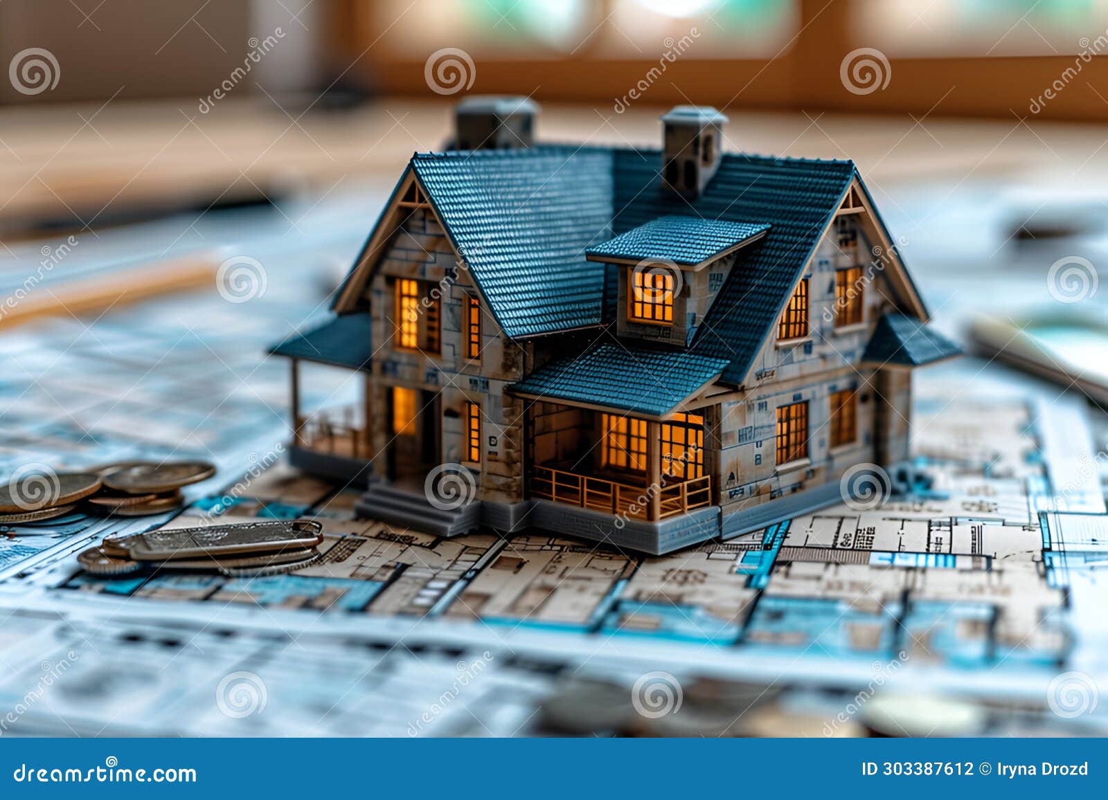 Wooden Mini Model of House on Drawing Scheme Stock Illustration ...