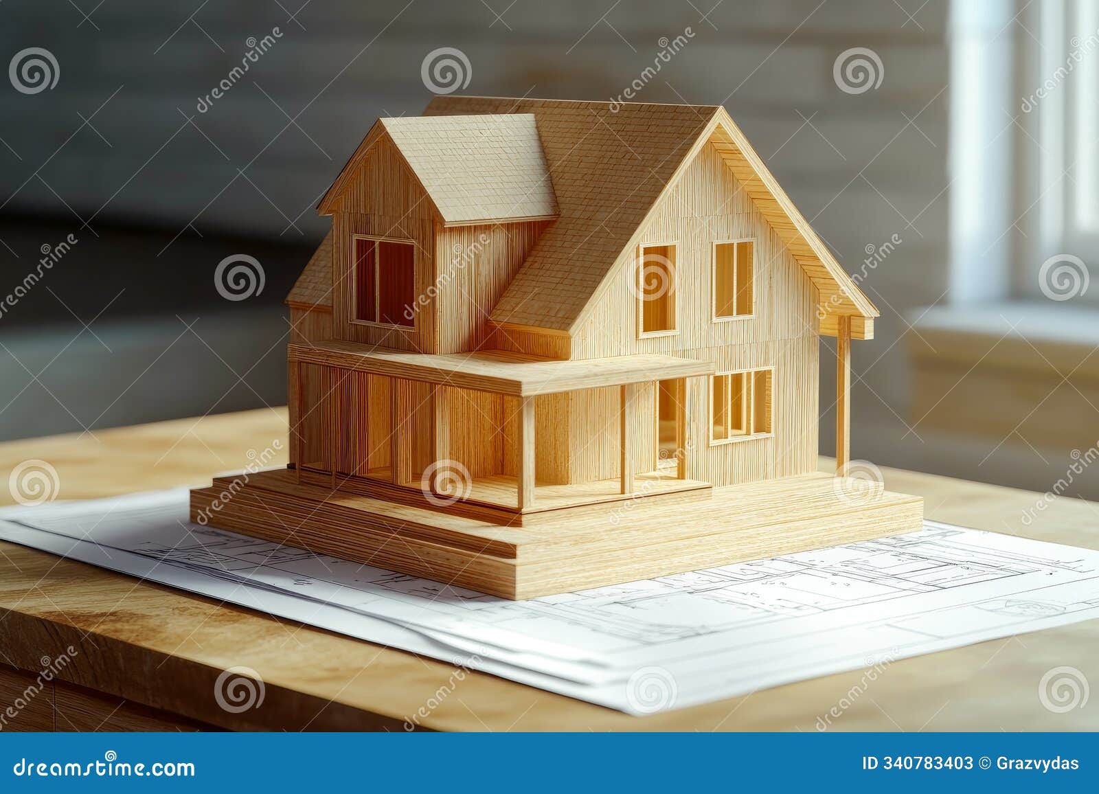 Wooden Model House On Blueprint At Desk. Architect Engineer Workplace ...