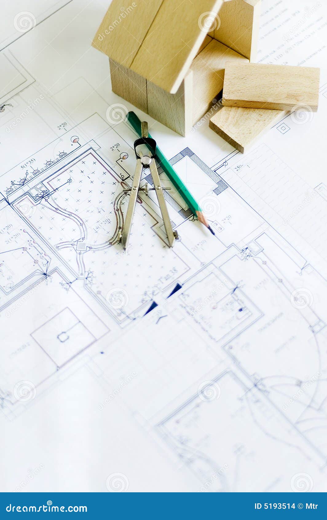 Wooden Model of House and Blueprints Stock Photo - Image of line ...