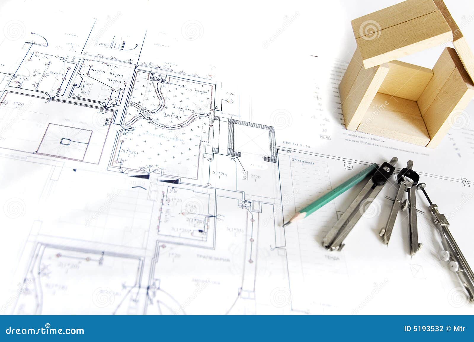 Wooden Model of House and Blueprints Stock Photo - Image of column ...