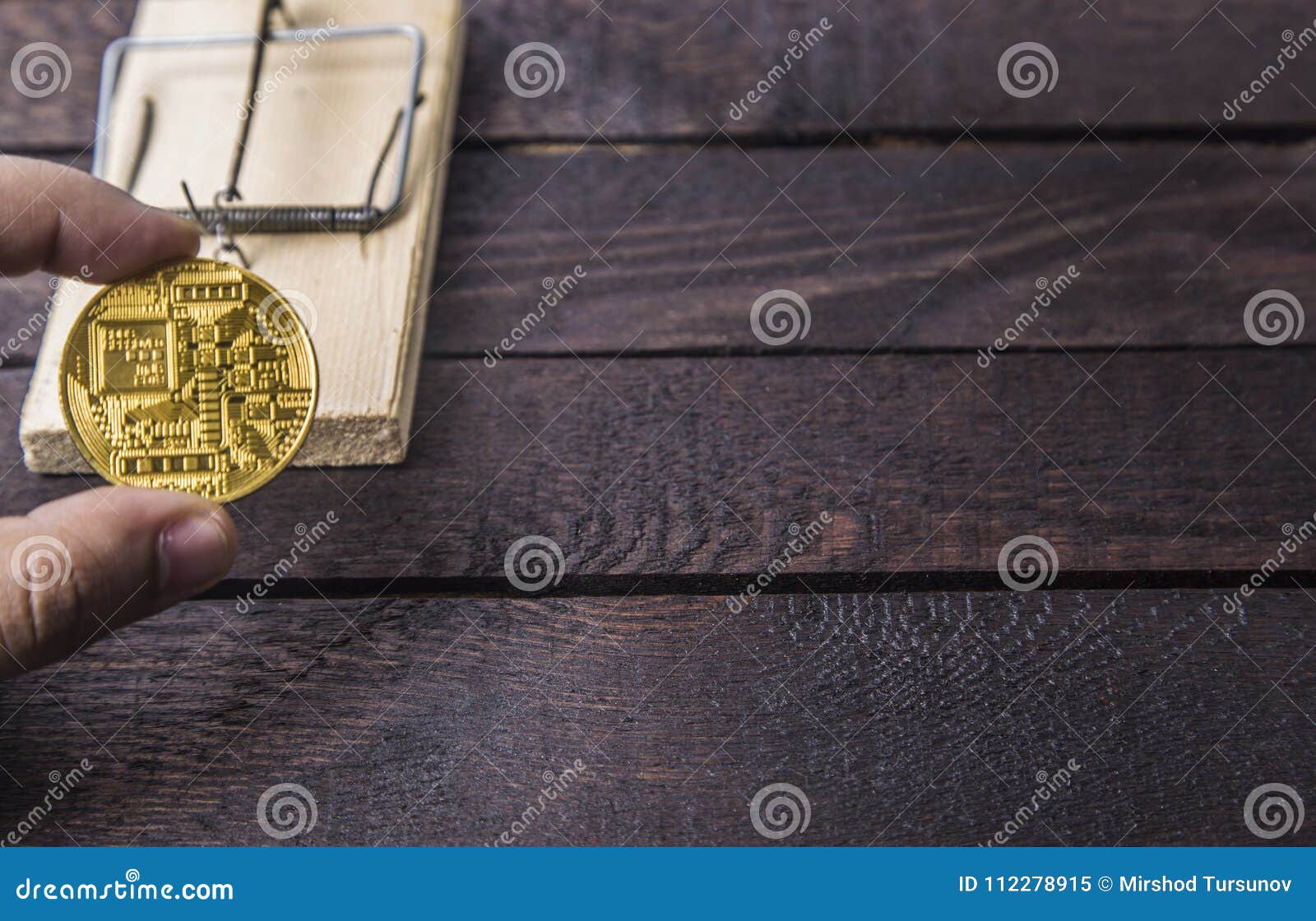 Wooden Mouse Trap and Man Holds Backside of Bitcoin. Stock Image ...
