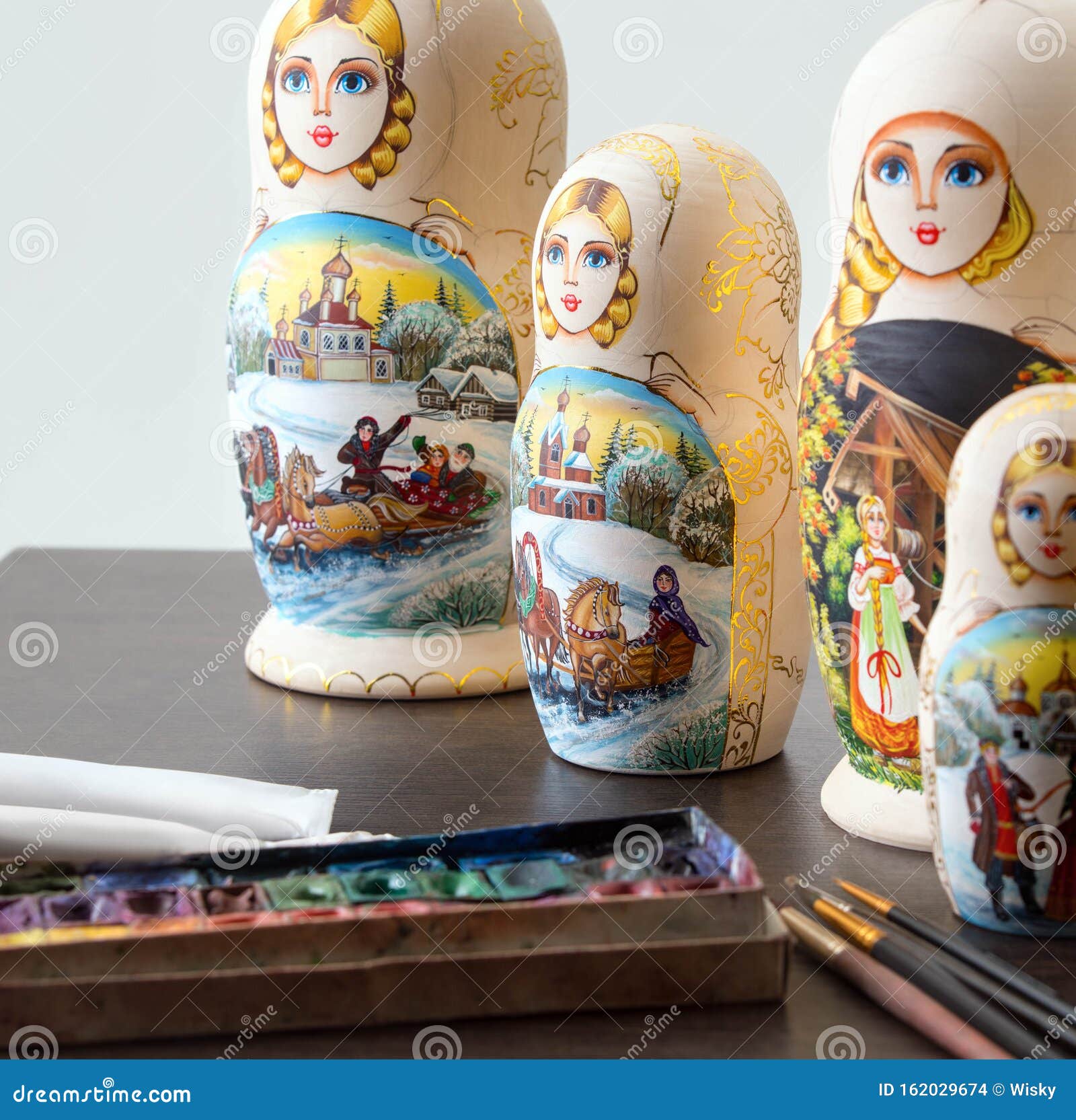 Wooden Nested Dolls on the Table at Workshop Stock Photo - Image of ...
