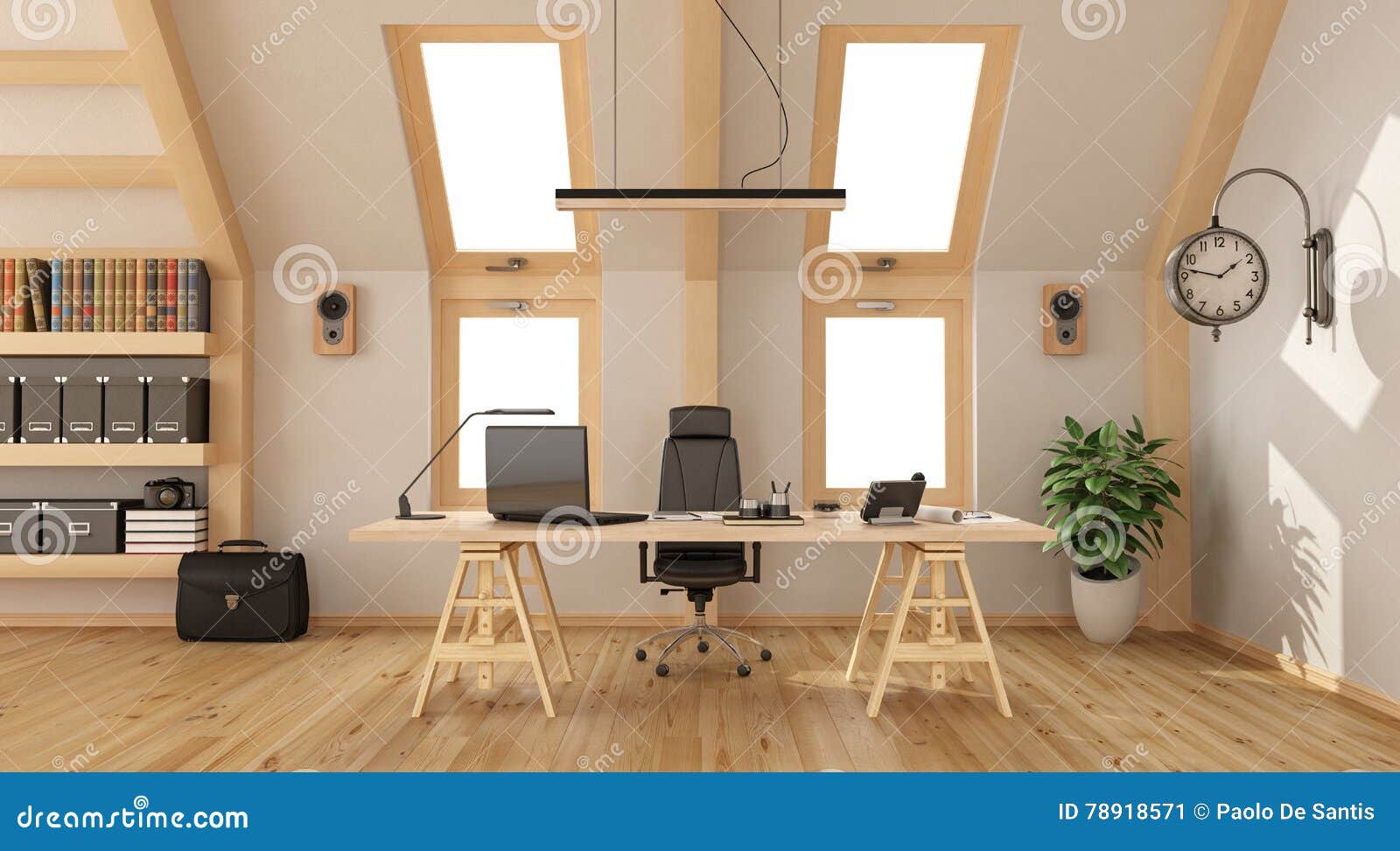 Wooden office in the attic stock illustration. Illustration of ...