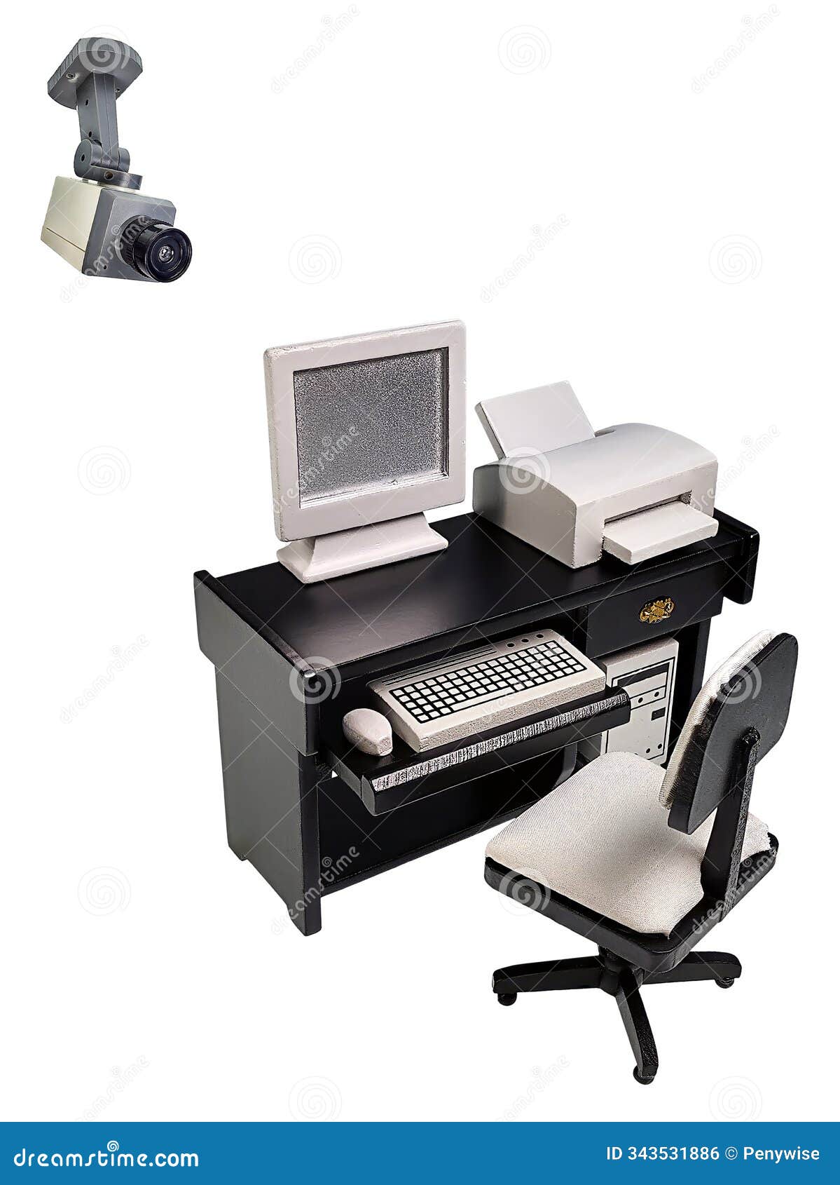 Office Desk with Computer and Printer and a Security Camera Overhead ...