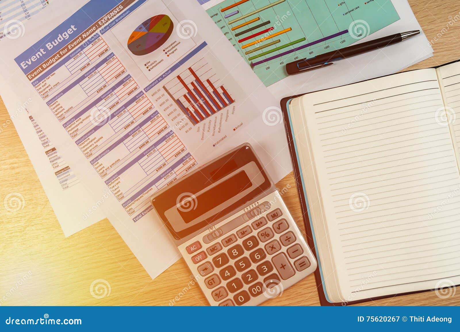 Wooden Office Desk with Open Diary Book and Data Chart Stock Image ...